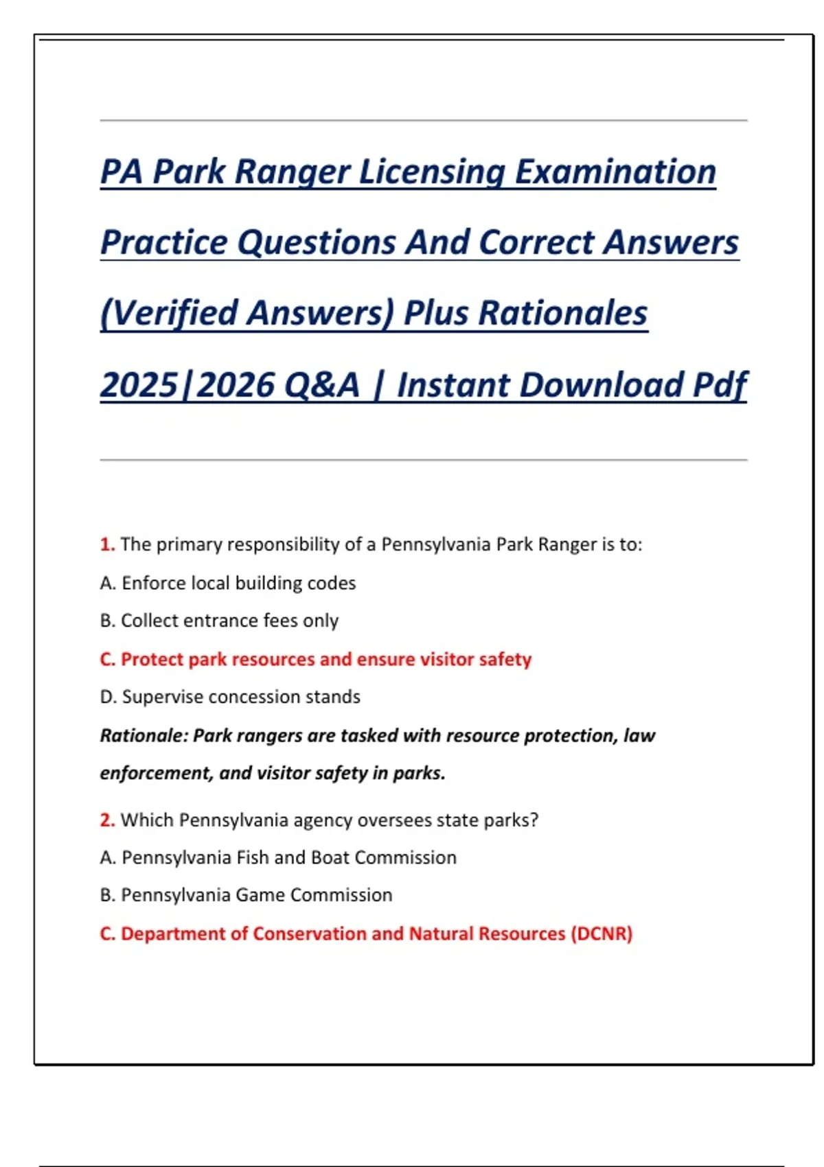 PA Park Ranger Licensing Examination Practice Questions And Correct ...