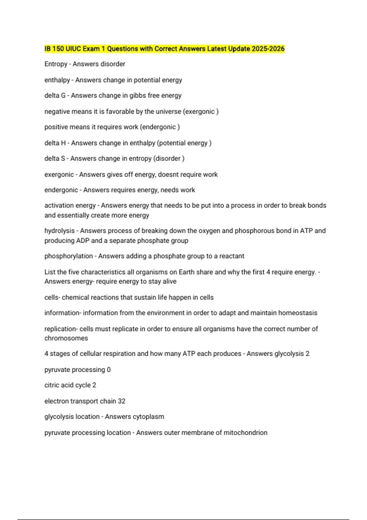 IB 150 UIUC Exam 1 Questions with Correct Answers Latest Update - IB ...