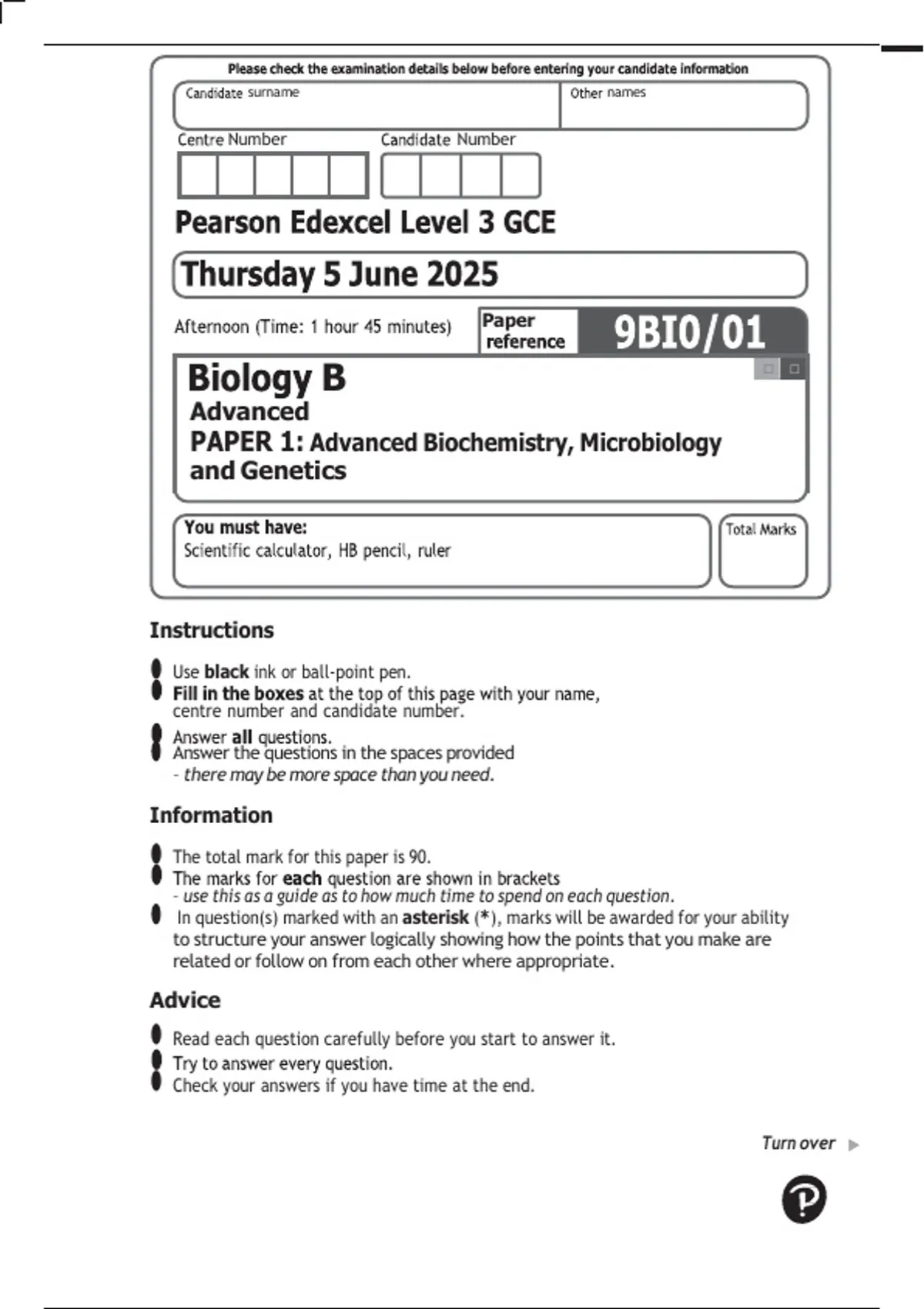 2025 Pearson Edexcel Level 3 Advanced GCE In Biology B (9BI0) Paper 01 ...