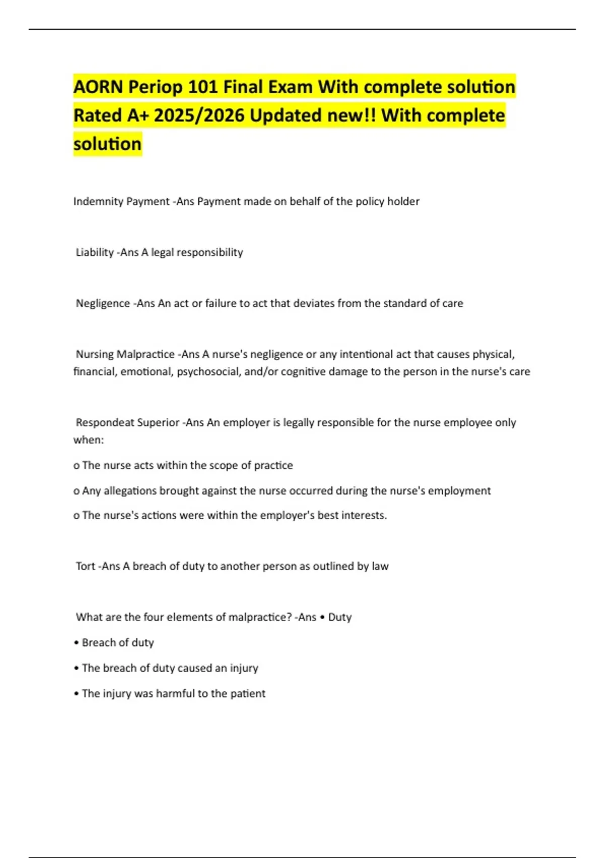 AORN Periop 101 Final Exam With complete solution Rated A+ 2025/2026 ...