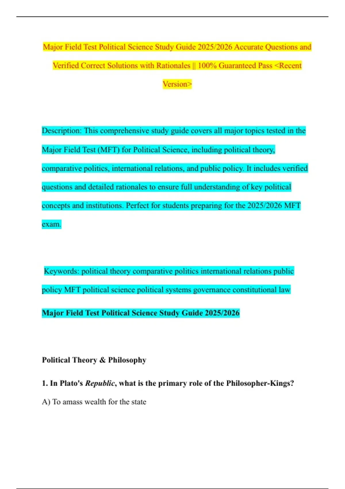 Major Field Test Political Science Study Guide 2025/2026 Accurate ...