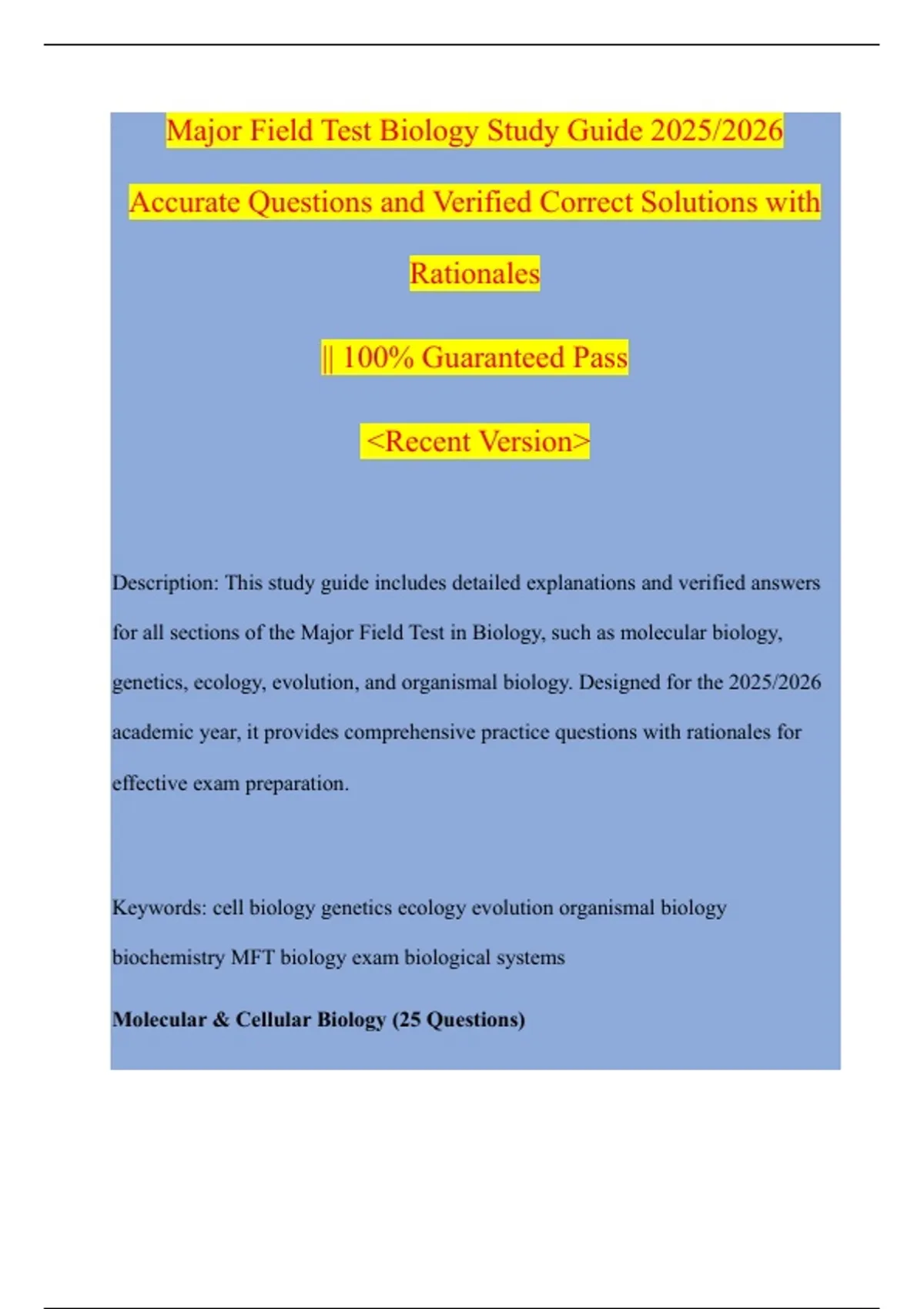 Major Field Test Biology Study Guide 2025/2026 Accurate Questions and ...