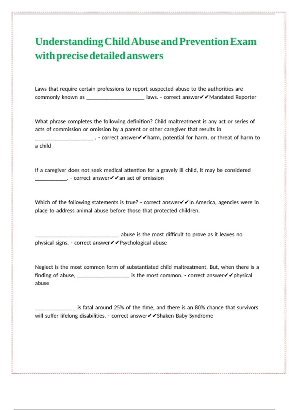 Understanding Child Abuse and Prevention Exam with precise detailed ...