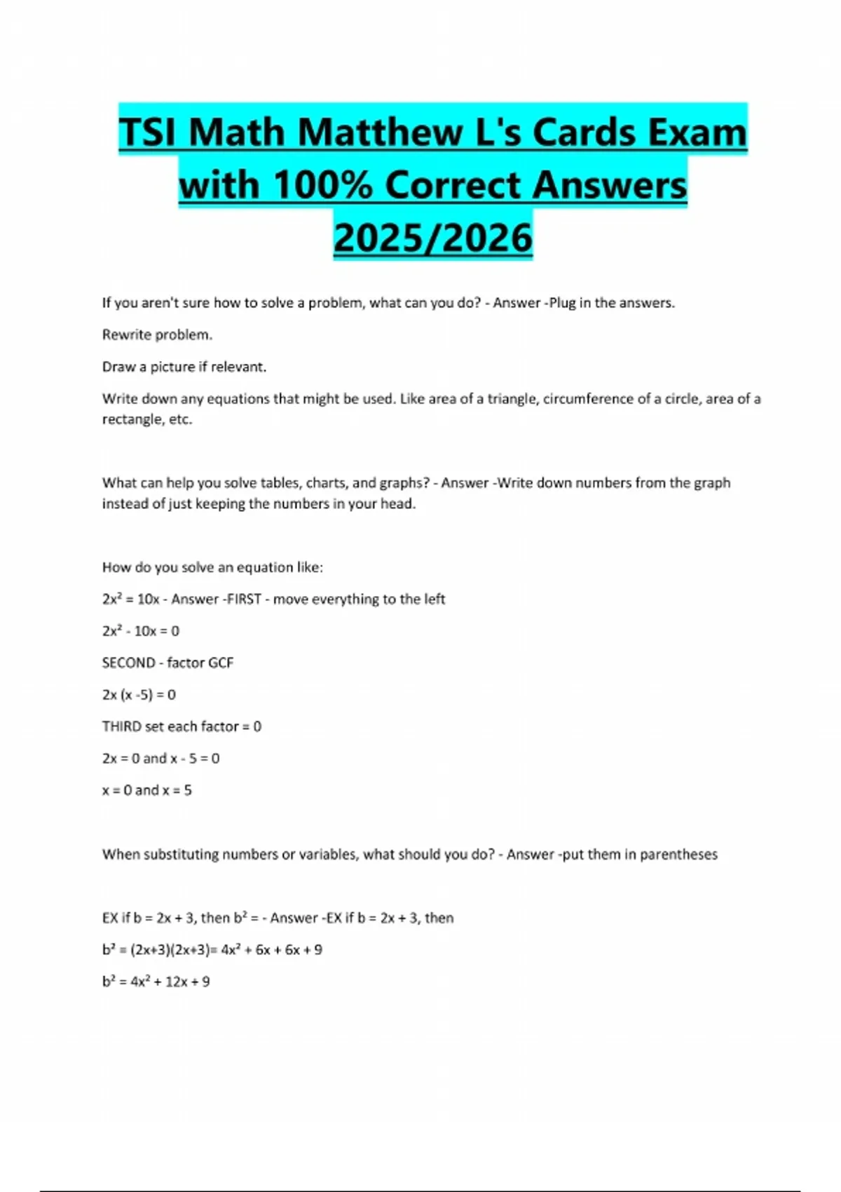 TSI Math Matthew L's Cards Exam with 100% Correct Answers 2025/2026 ...