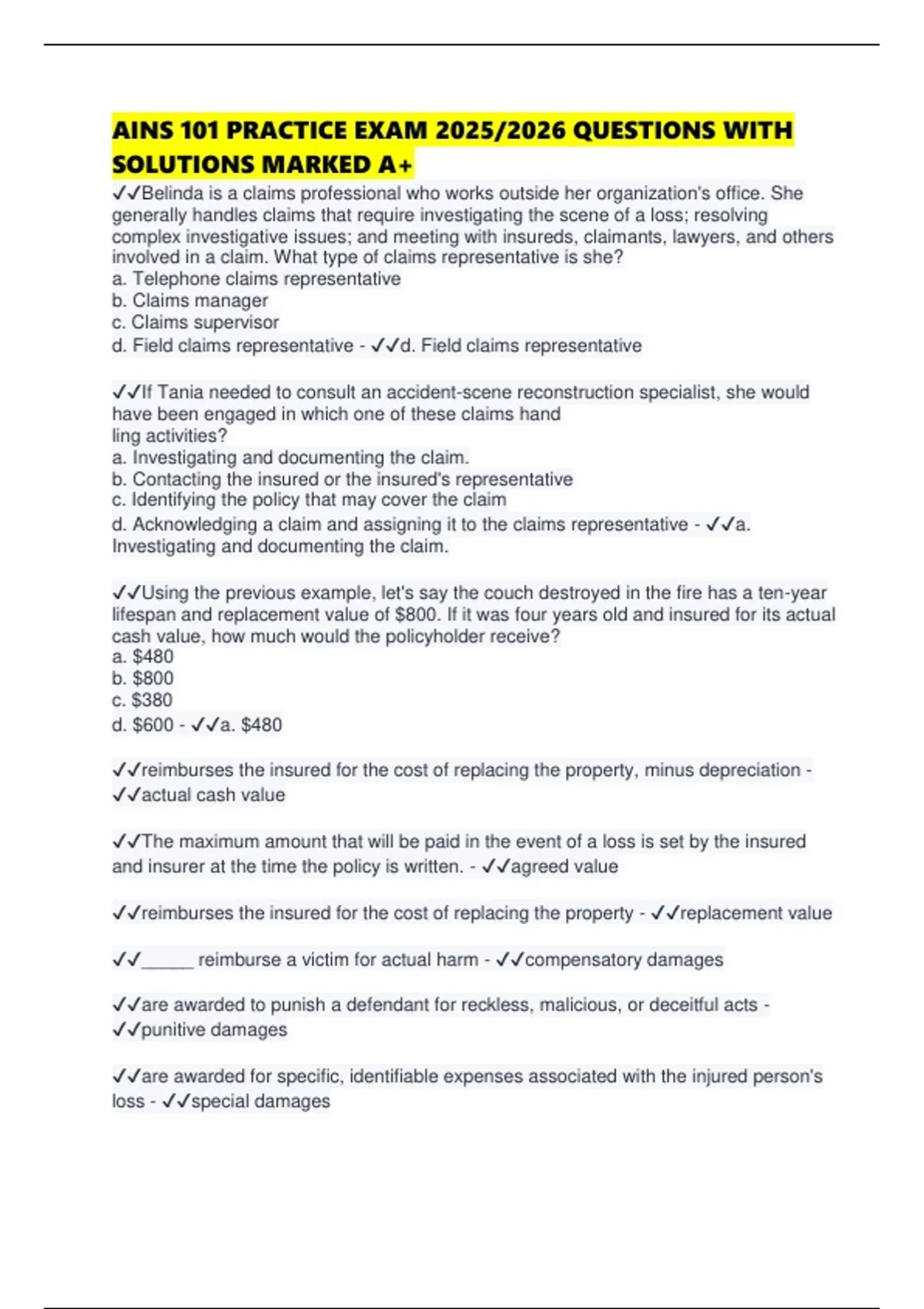 AINS 101 PRACTICE EXAM 2025/2026 QUESTIONS WITH SOLUTIONS MARKED A+ ...