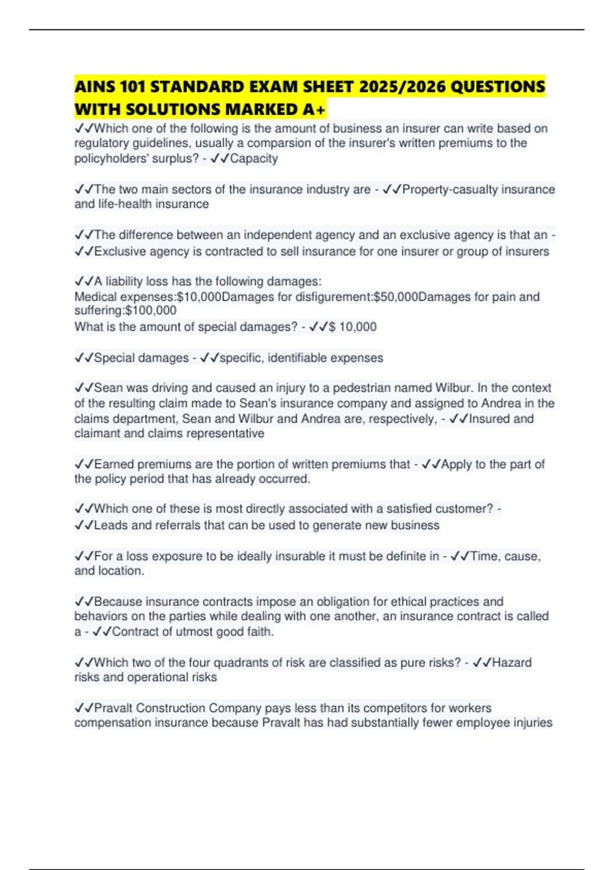 AINS 101 STANDARD EXAM SHEET 2025/2026 QUESTIONS WITH SOLUTIONS MARKED ...
