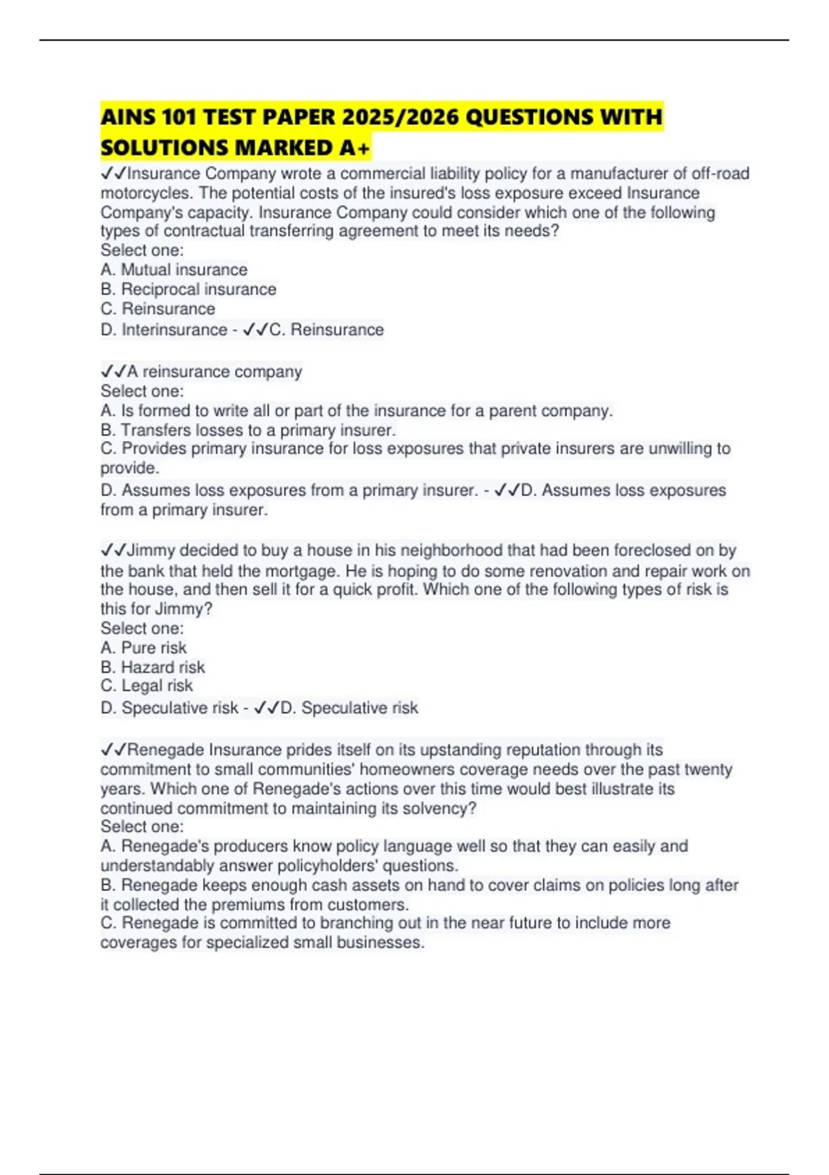 AINS 101 TEST PAPER 2025/2026 QUESTIONS WITH SOLUTIONS MARKED A+ - AINS ...