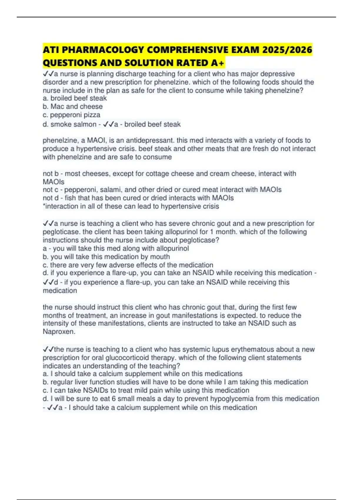ATI PHARMACOLOGY COMPREHENSIVE EXAM 2025/2026 QUESTIONS AND SOLUTION ...