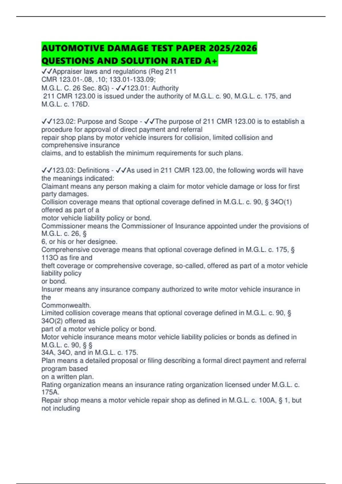 AUTOMOTIVE DAMAGE TEST PAPER 2025/2026 QUESTIONS AND SOLUTION RATED A+ ...