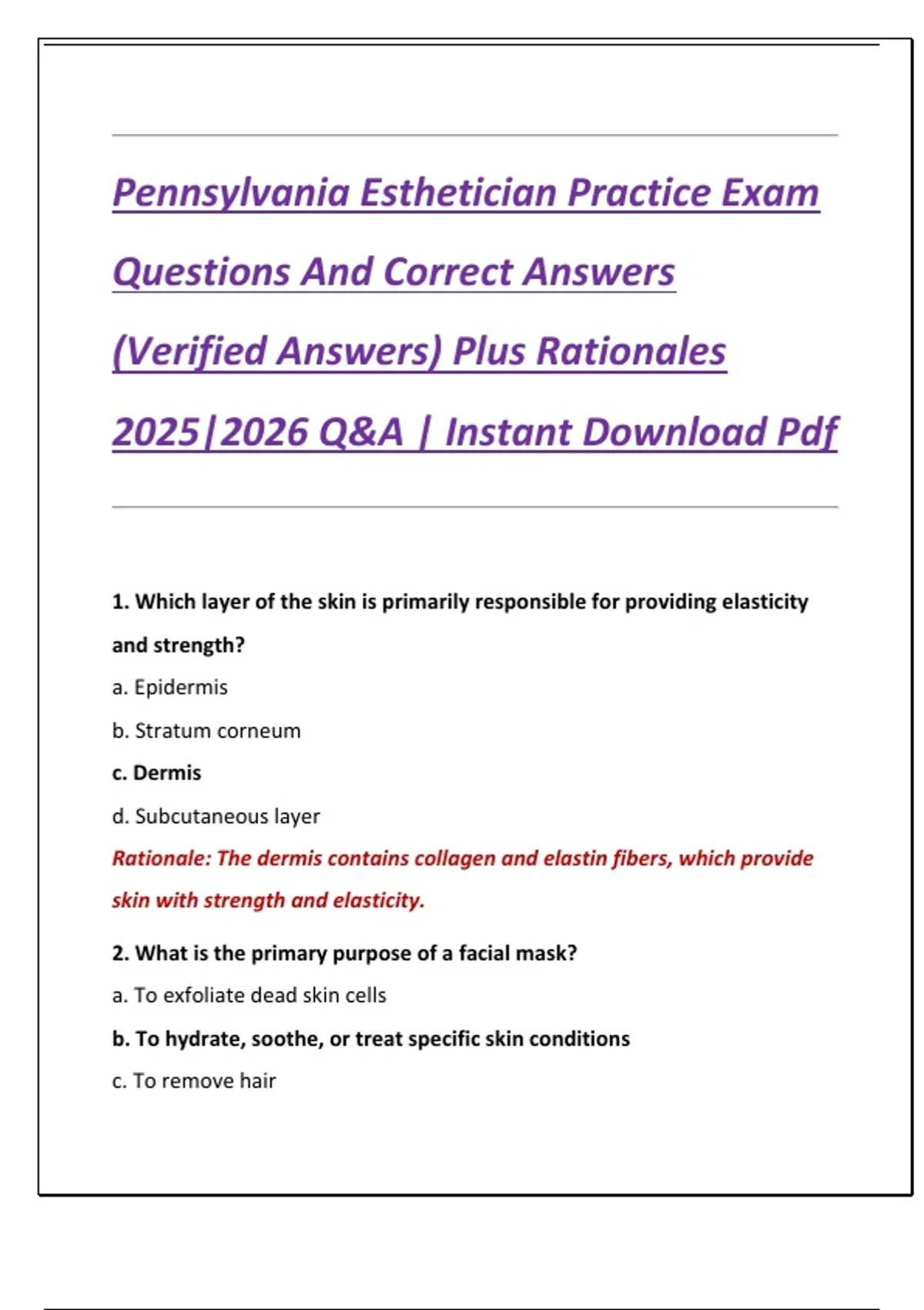 Pennsylvania Esthetician Practice Exam Questions And Correct Answers ...
