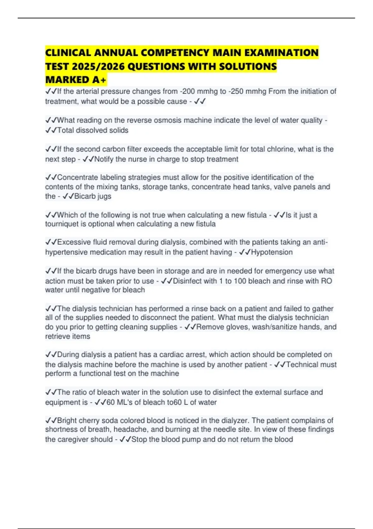 CLINICAL ANNUAL COMPETENCY MAIN EXAMINATION TEST 2025/2026 QUESTIONS ...