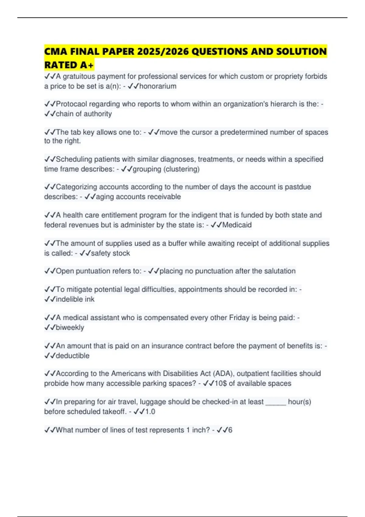 CMA FINAL PAPER 2025/2026 QUESTIONS AND SOLUTION RATED A+ - Cma - Stuvia US