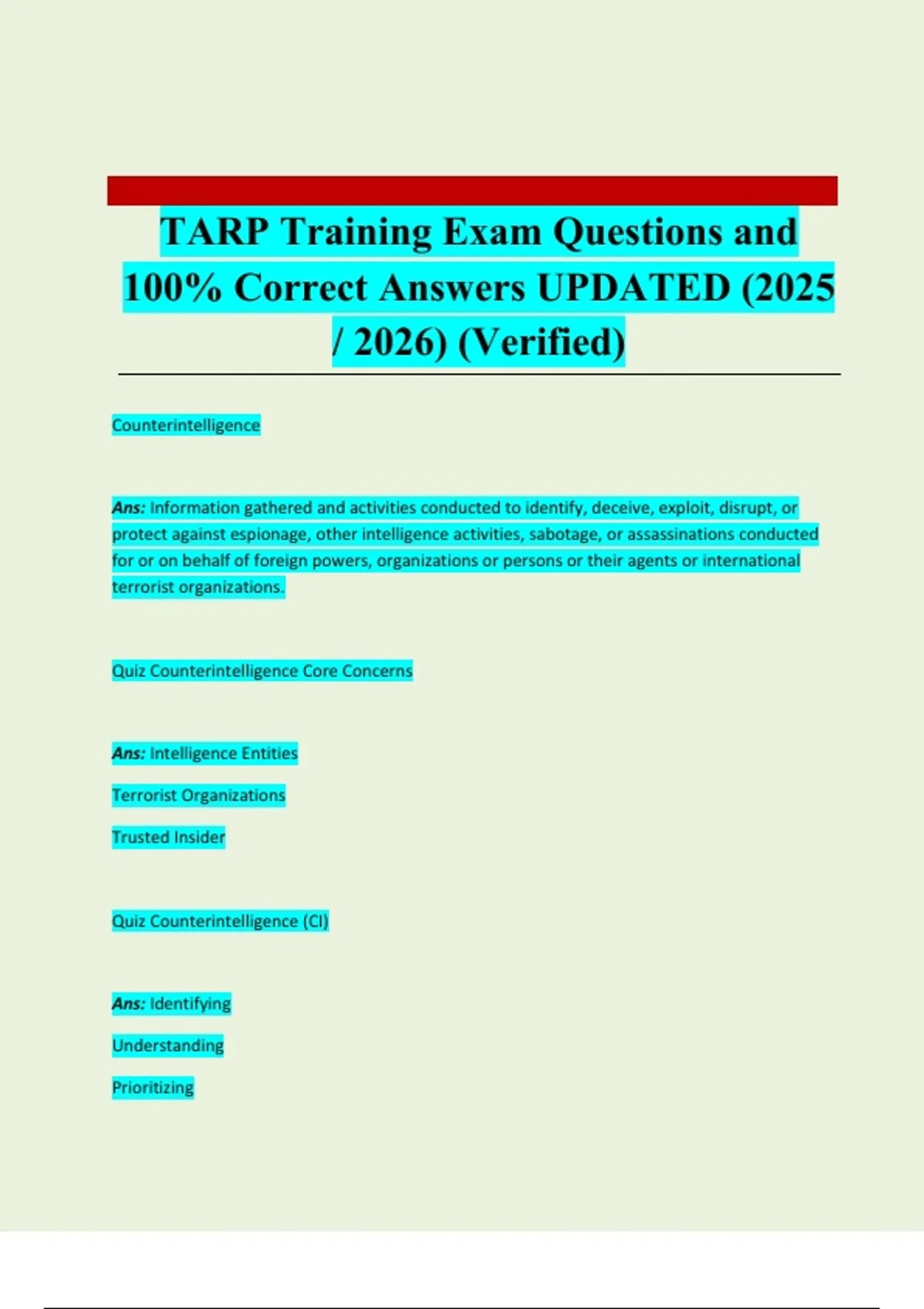 TARP Training Exam Questions and 100% Correct Answers UPDATED (2025 / ...