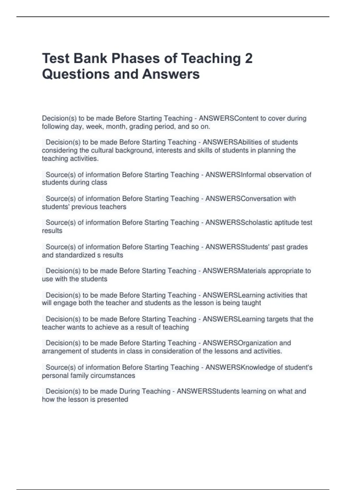 Test Bank Phases of Teaching 2 Questions and Answers - Phases of ...