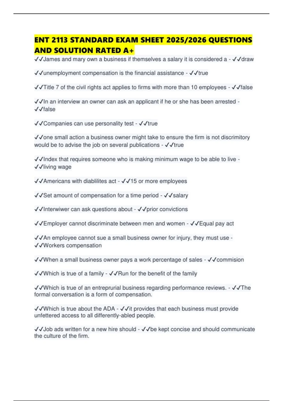 ENT 2113 STANDARD EXAM SHEET 2025/2026 QUESTIONS AND SOLUTION RATED A+ ...