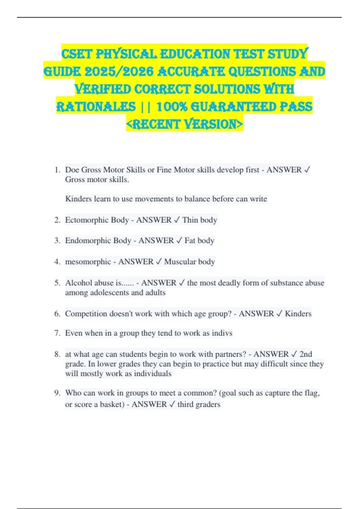 CSET Physical Education TEST STUDY GUIDE 2025/2026 ACCURATE QUESTIONS ...