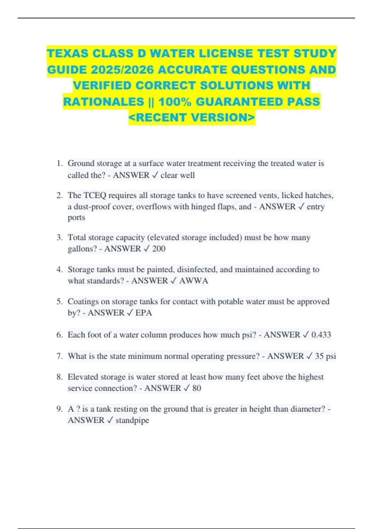 TEXAS CLASS D WATER LICENSE TEST STUDY GUIDE 2025/2026 ACCURATE ...