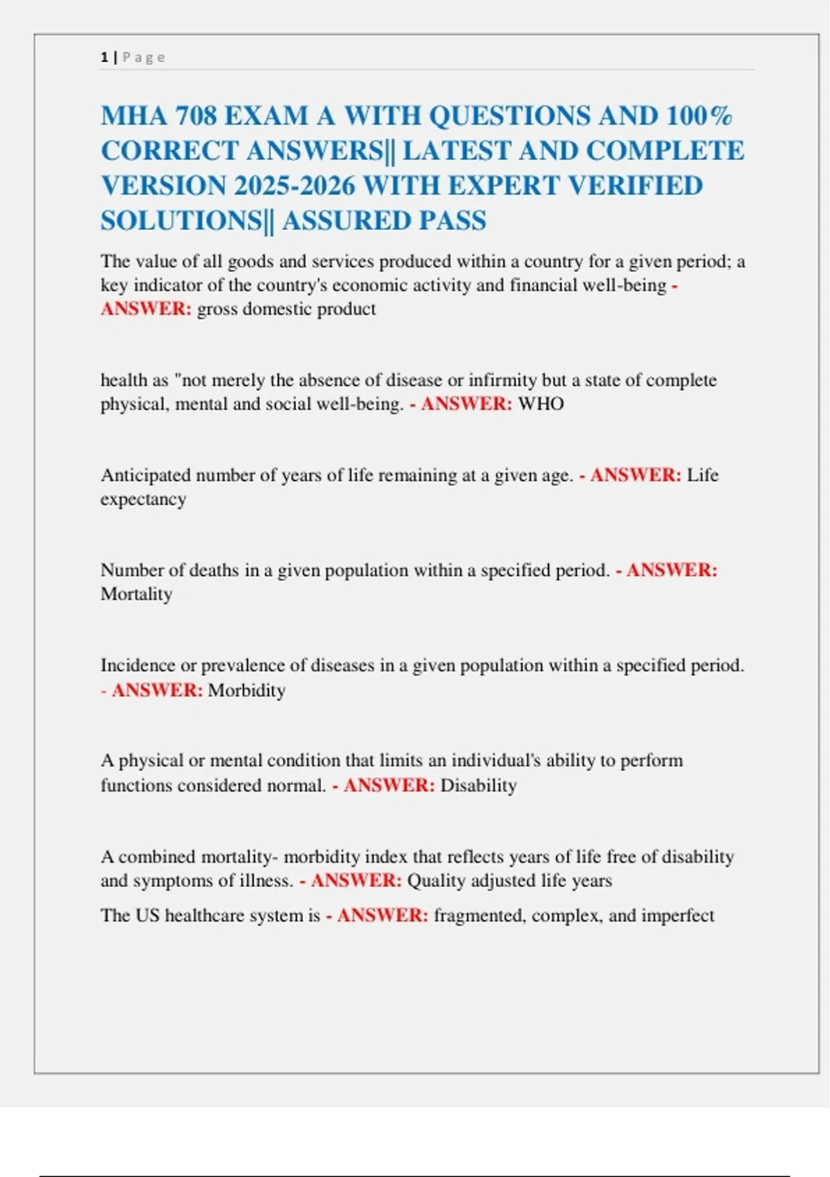 MHA 708 EXAM A WITH QUESTIONS AND 100% CORRECT ANSWERS|| LATEST AND ...