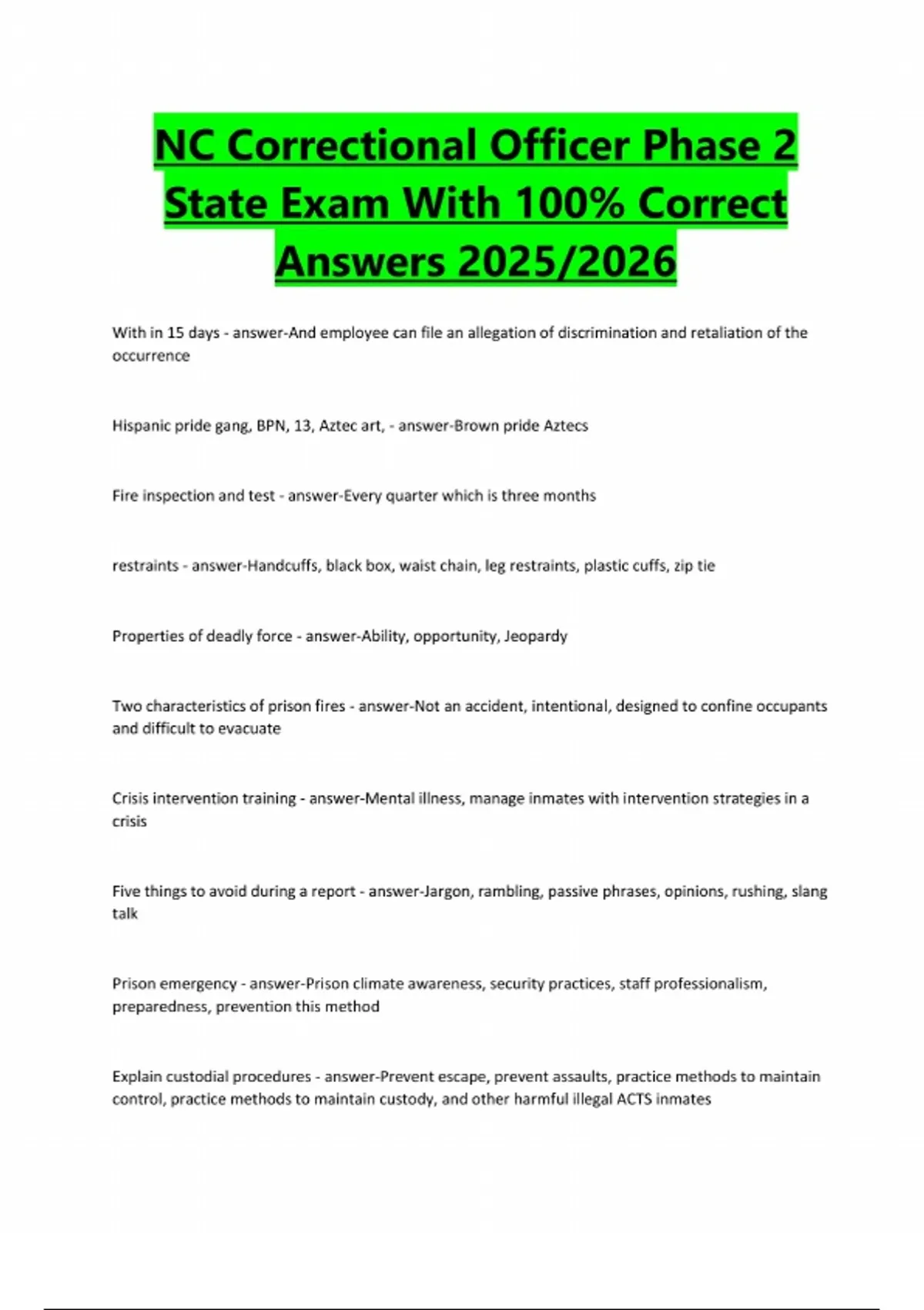 NC Correctional Officer Phase 2 State Exam With 100% Correct Answers ...