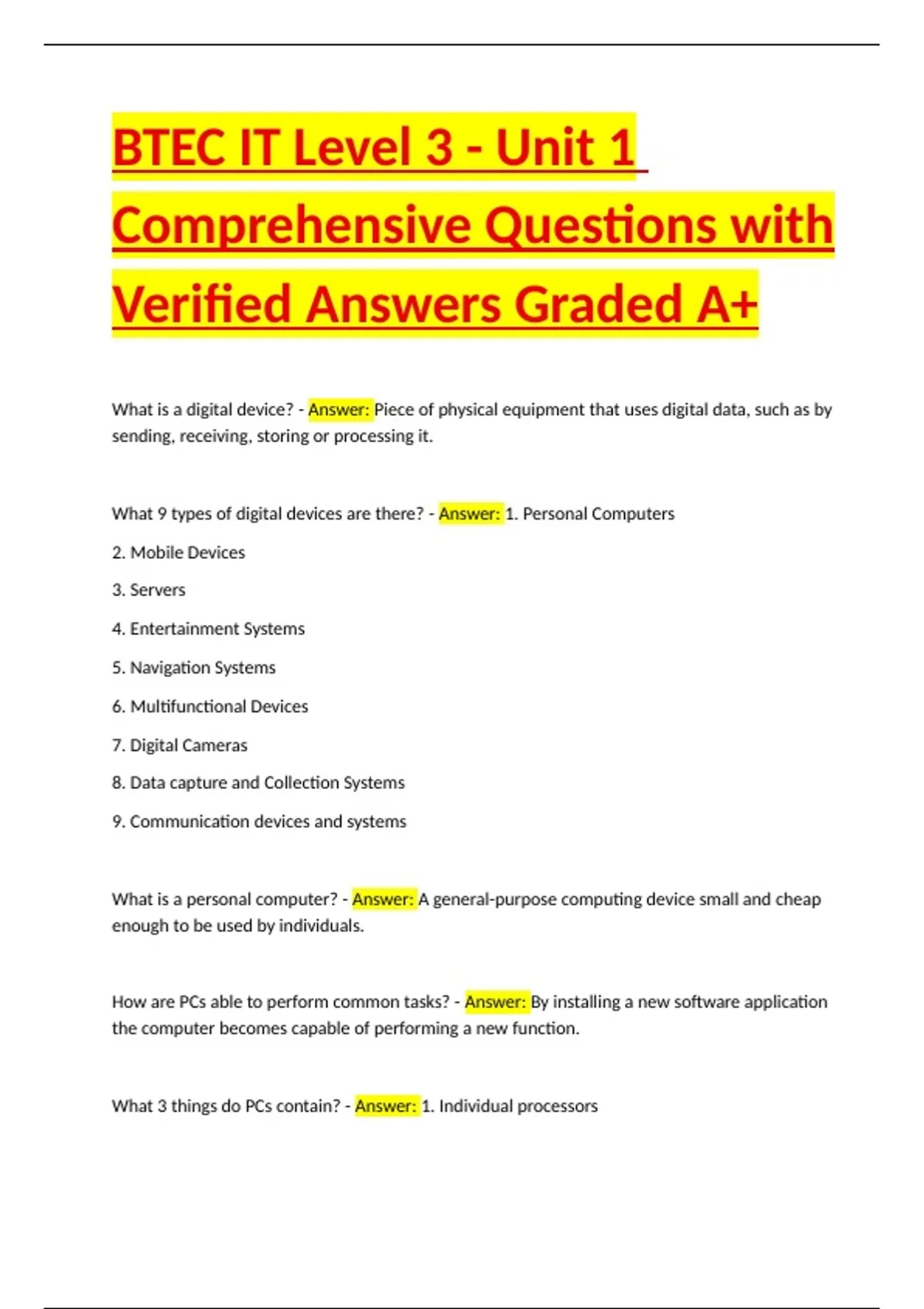 BTEC IT Level 3 - Unit 1 Comprehensive Questions with Verified Answers ...