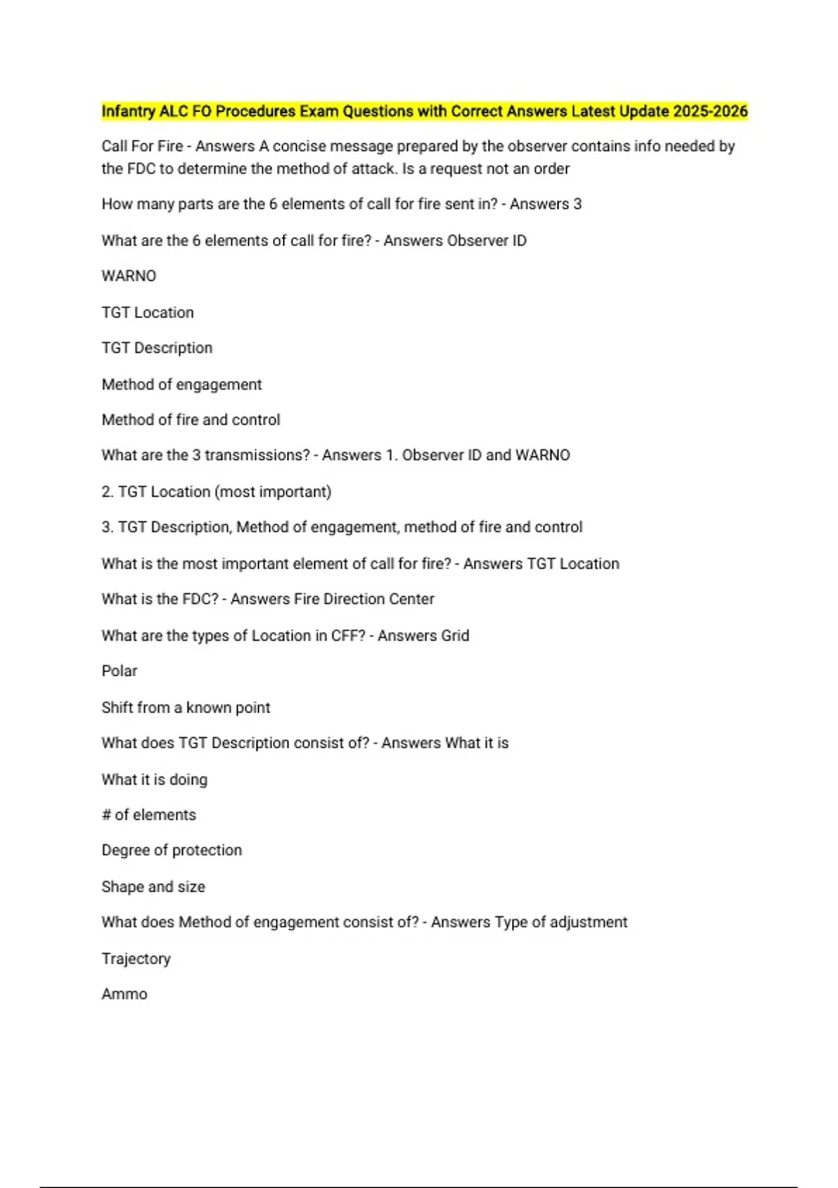 Infantry ALC FO Procedures Exam Questions with Correct Answers Latest ...