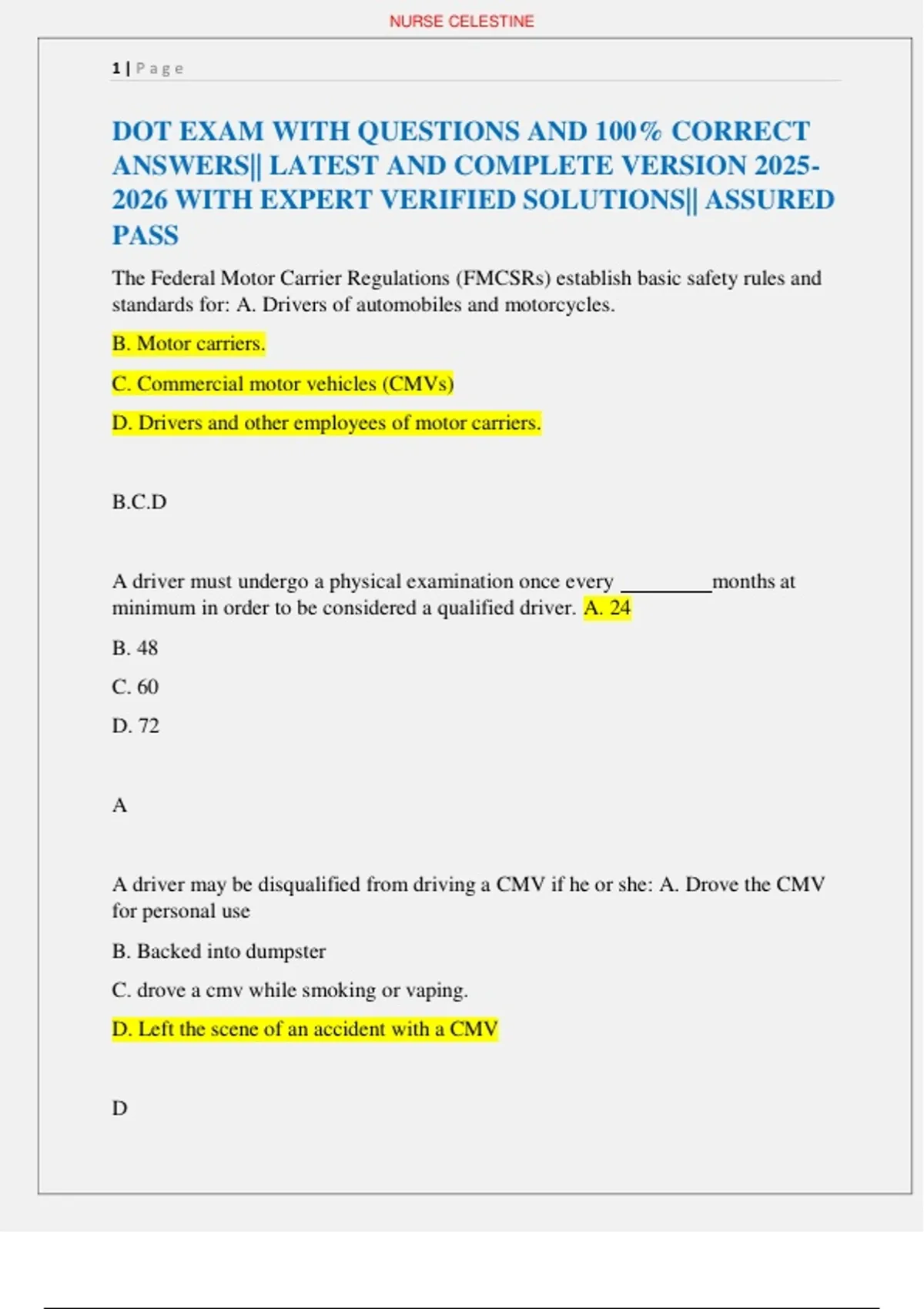 DOT EXAM WITH QUESTIONS AND 100% CORRECT ANSWERS|| LATEST AND COMPLETE ...