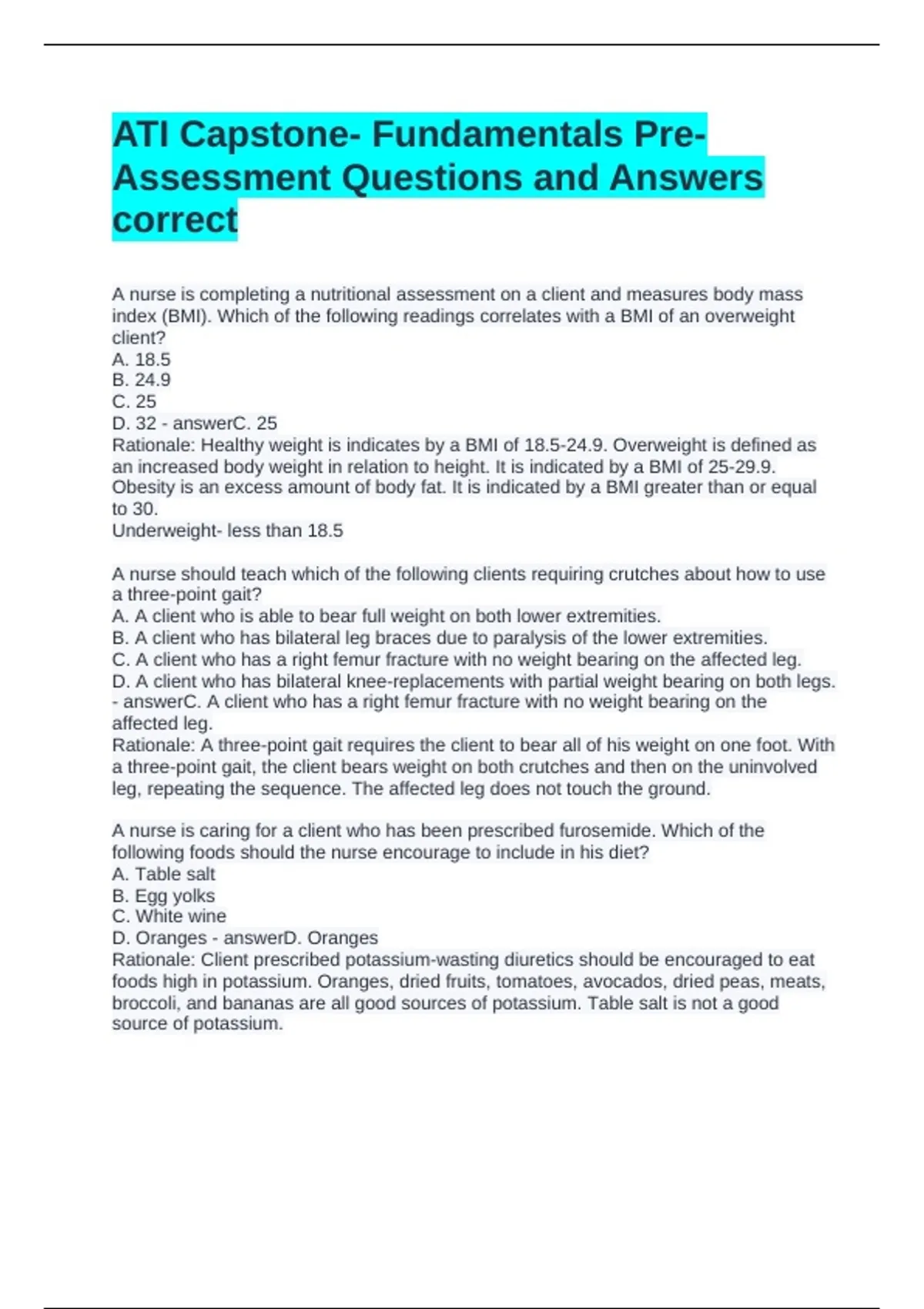 ATI Capstone- Fundamentals Pre-Assessment Questions and Answers correct ...