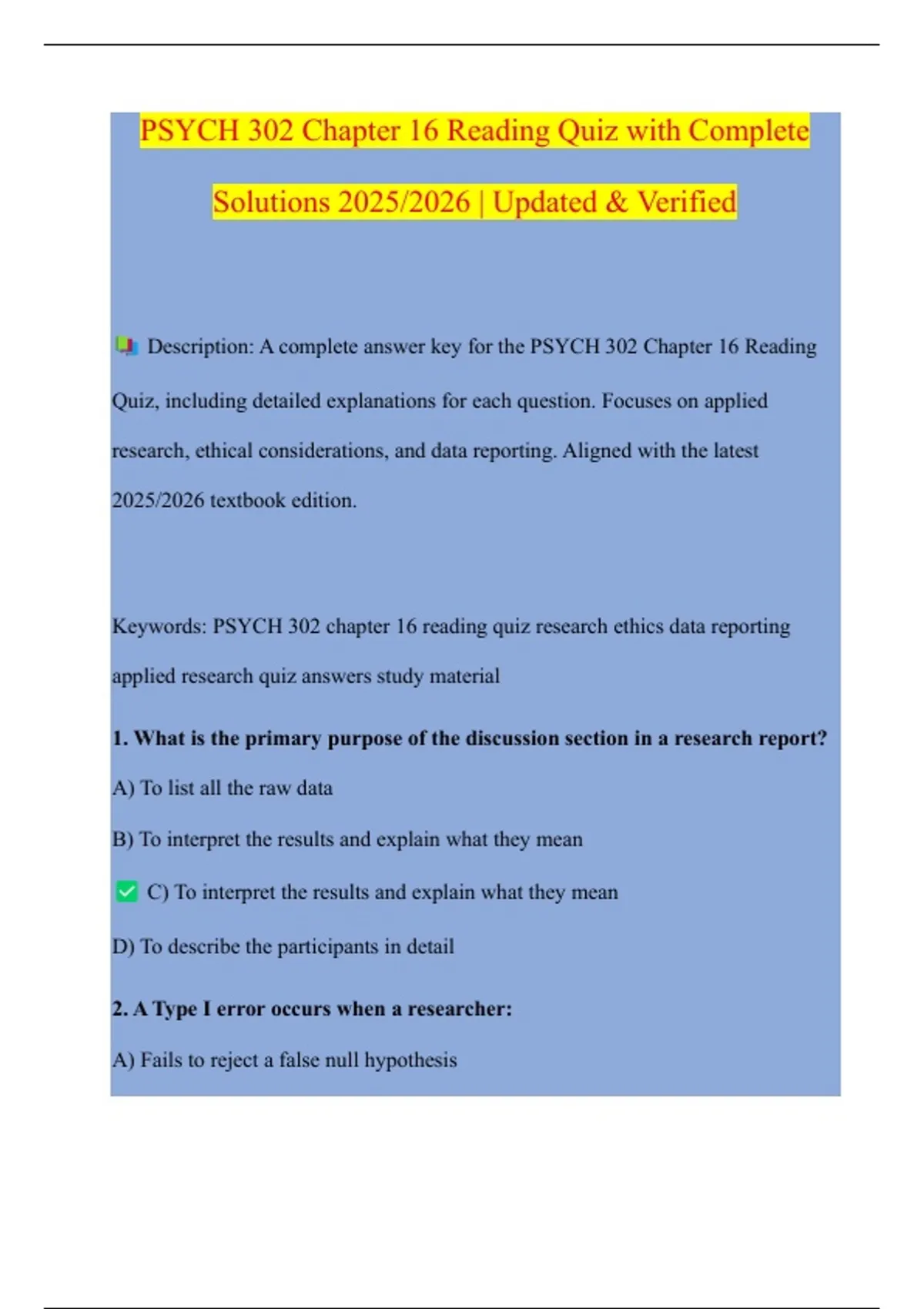 PSYCH 302 Chapter 16 Reading Quiz with Complete Solutions 2025/2026 ...