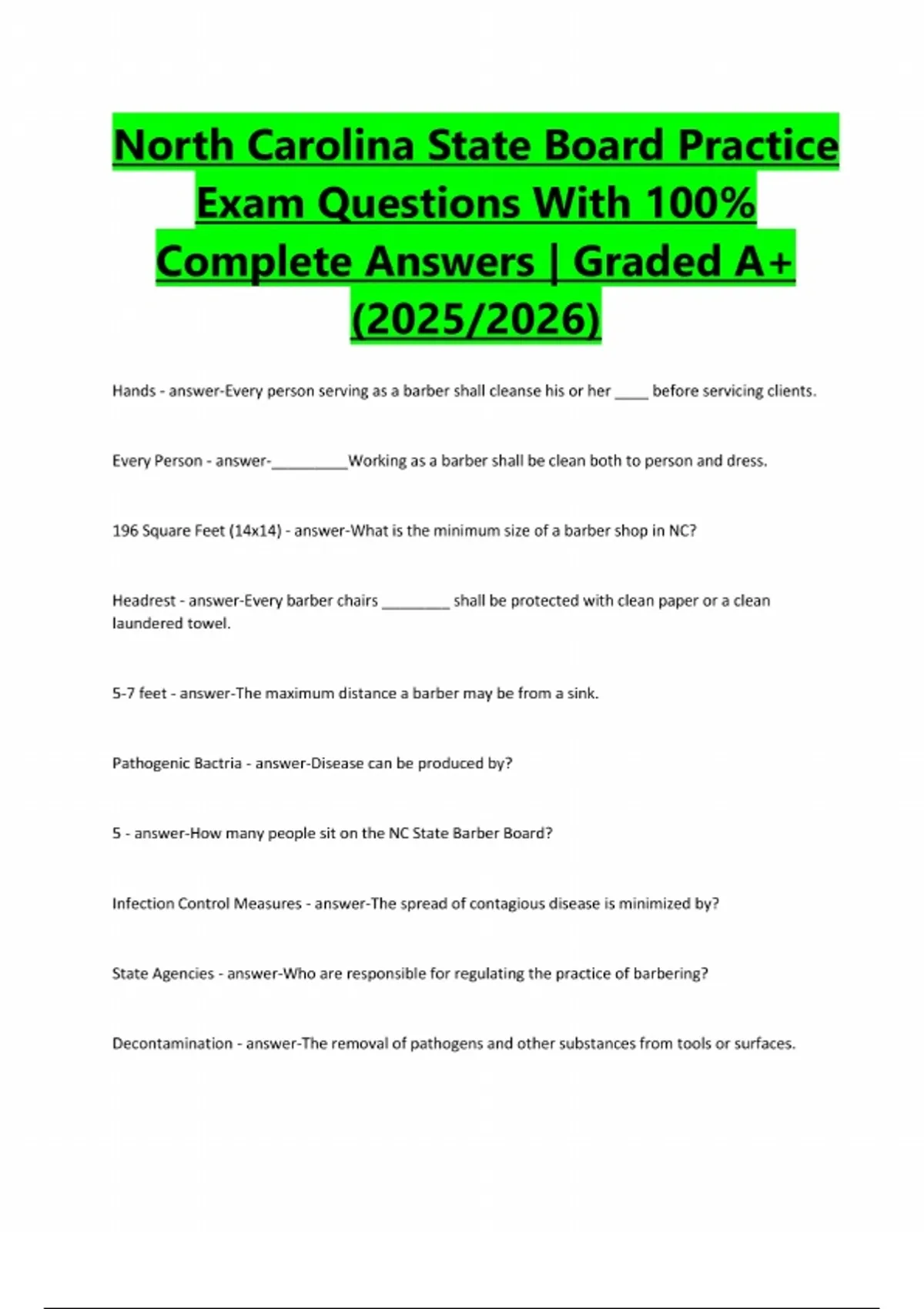 North Carolina State Board Practice Exam Questions With 100% Complete ...