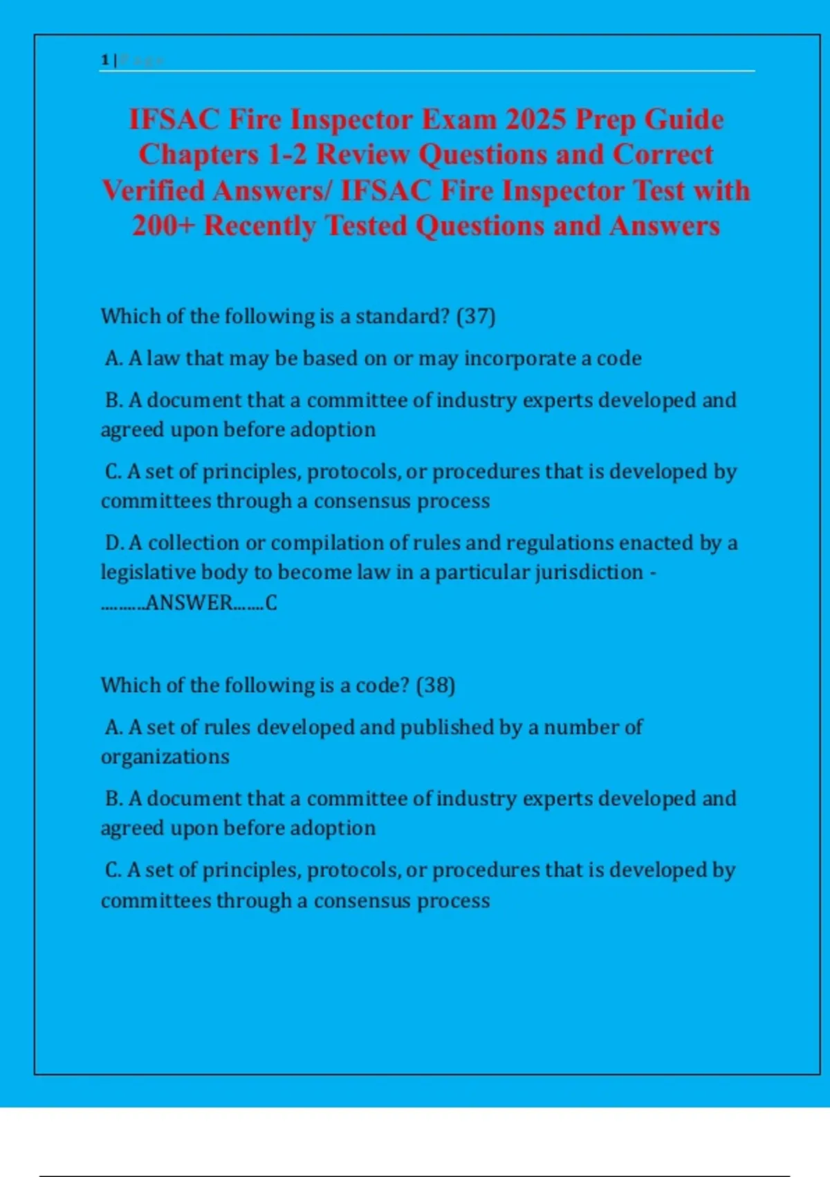 IFSAC Fire Inspector Exam 2025 Prep Guide Chapters 1-2 Review Questions and Correct Verified ...