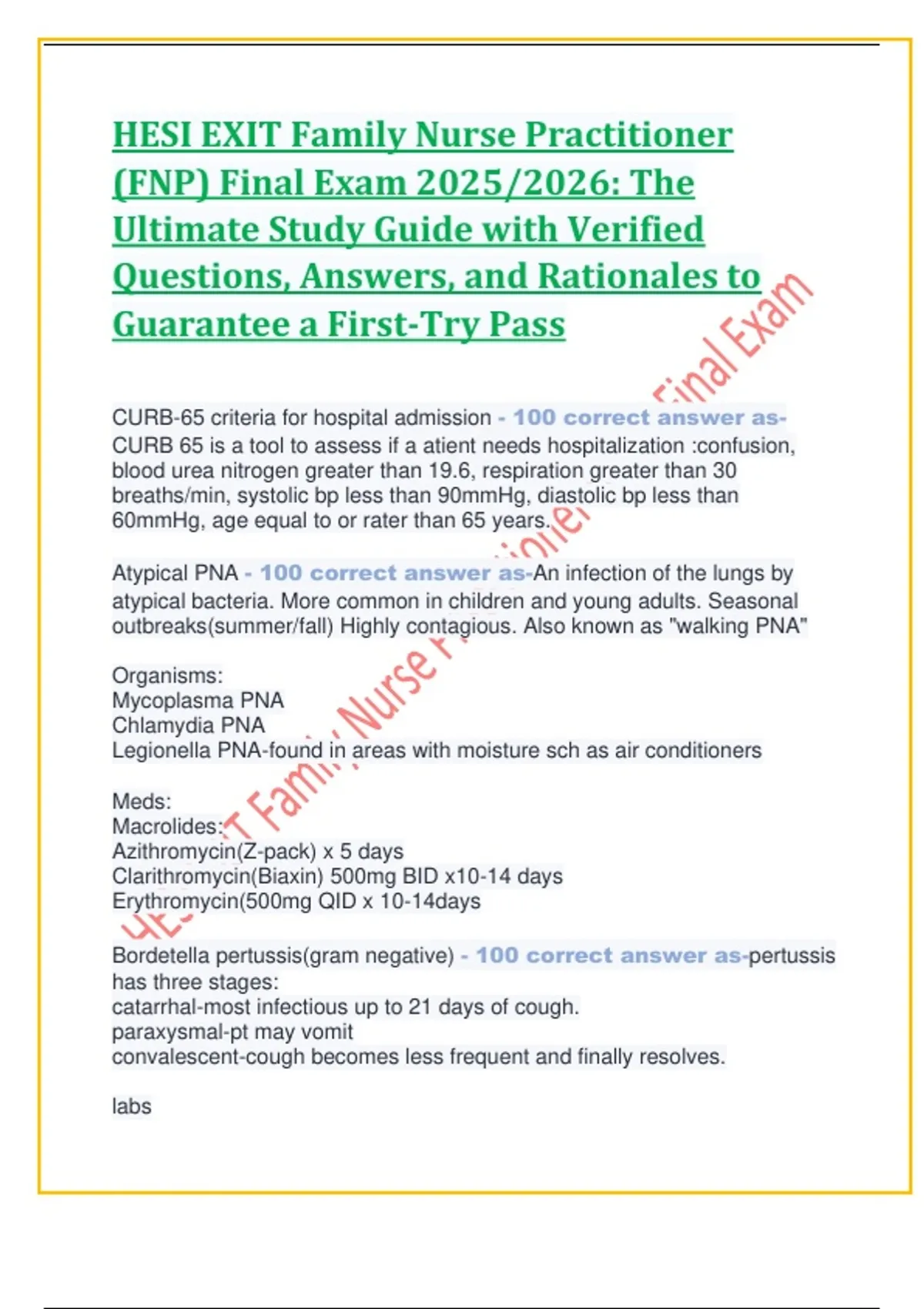 HESI EXIT Family Nurse Practitioner (FNP) Final Exam 2025/2026: The ...