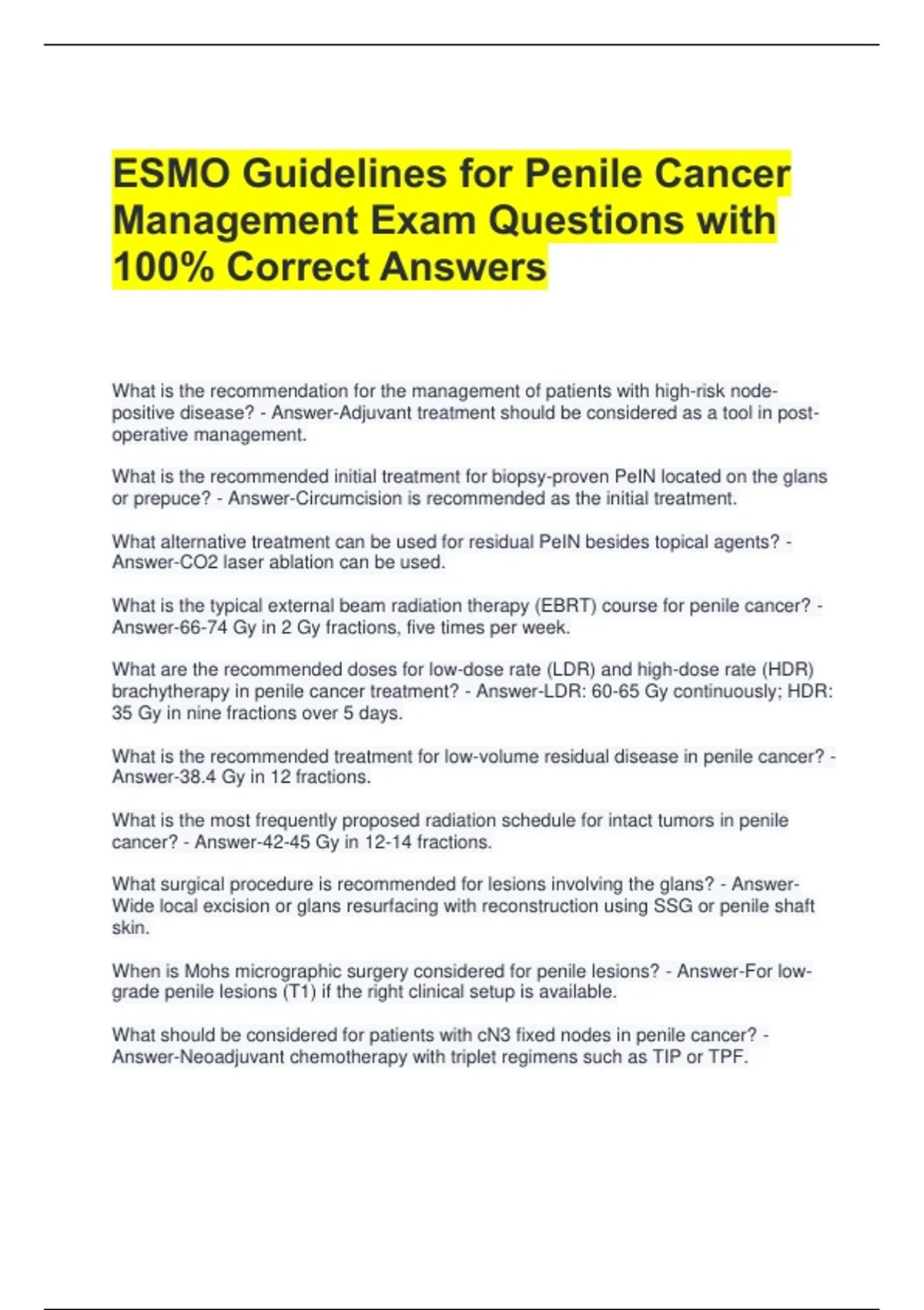 ESMO Guidelines for Penile Cancer Management Exam Questions with 100% ...