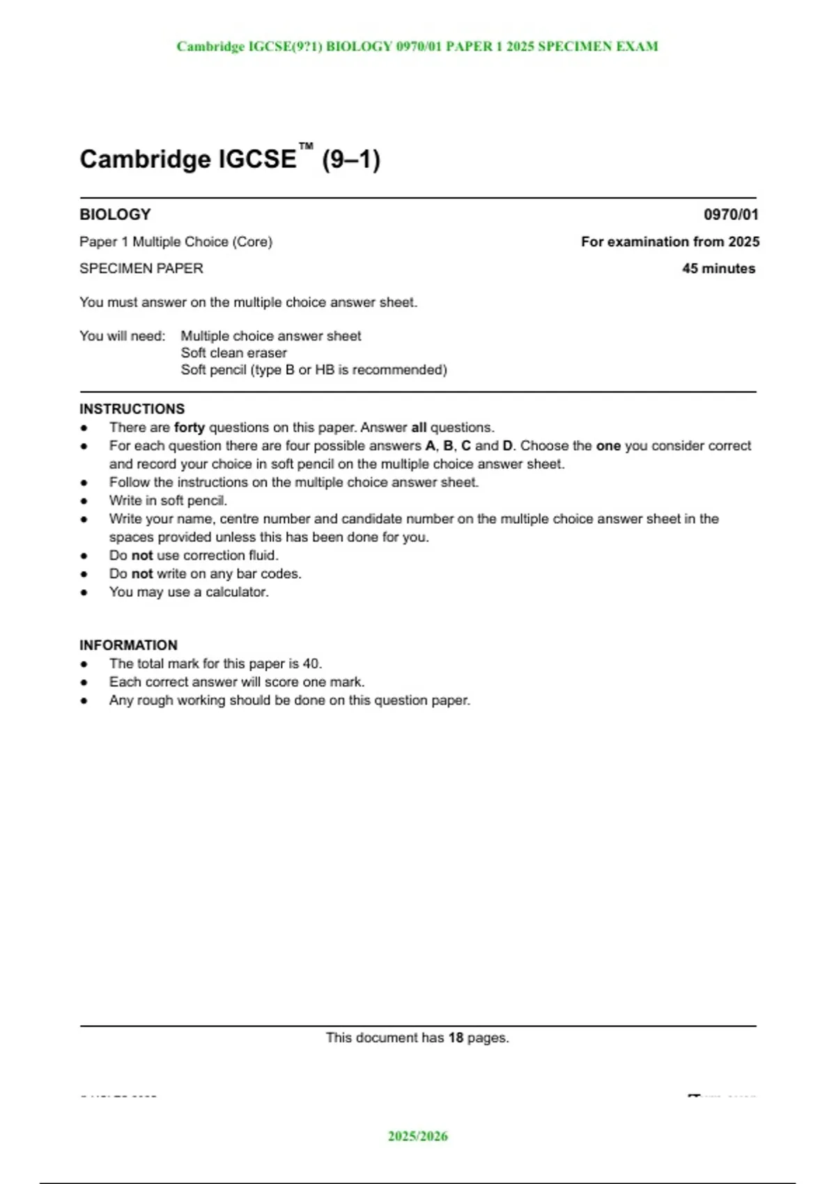 Cambridge IGCSE (9–1) Biology 0970/01 Paper 1 2025 Specimen Exam ...