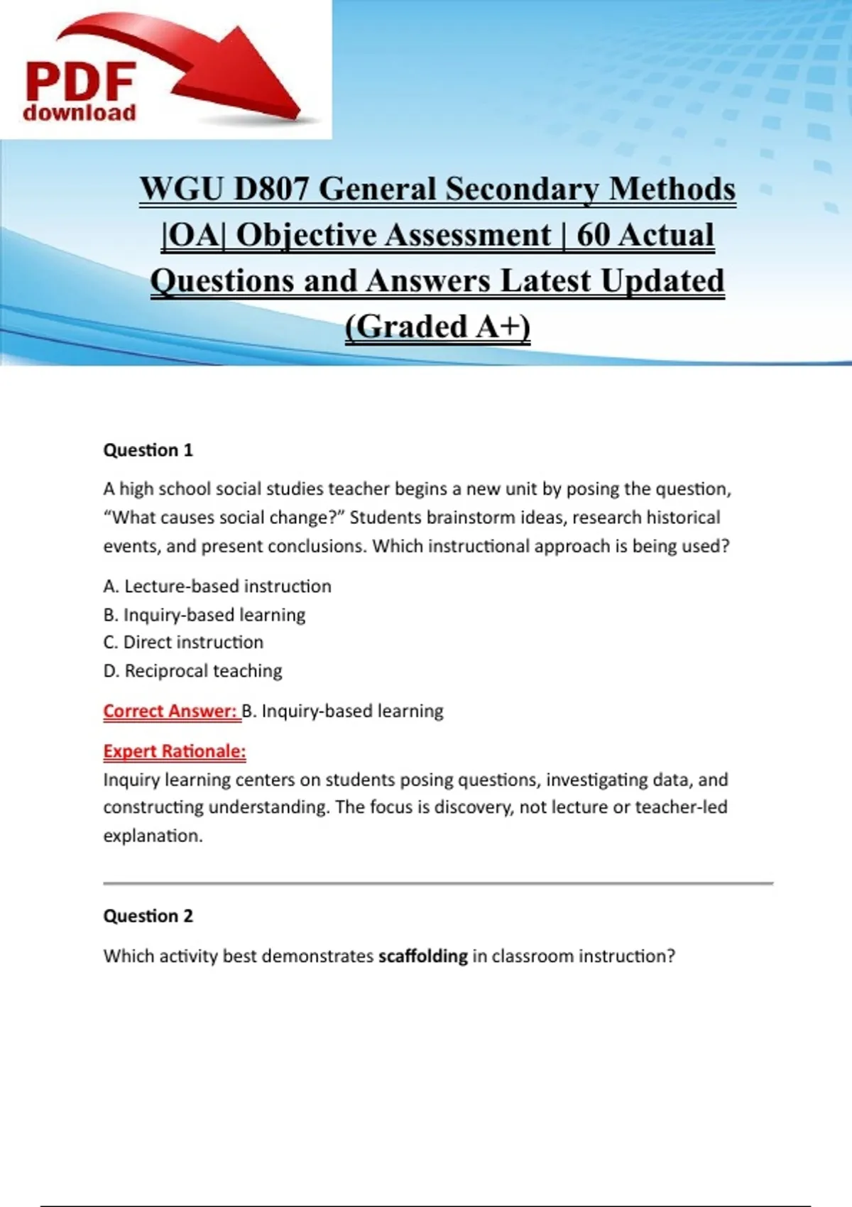 WGU D807 General Secondary Methods |OA| Objective Assessment | 60 ...