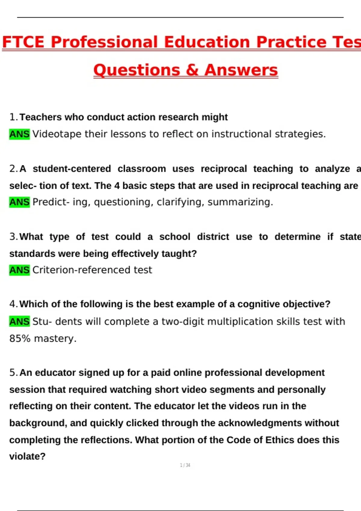 FTCE Professional Education Practice Test Actual 2025 Exam with ...