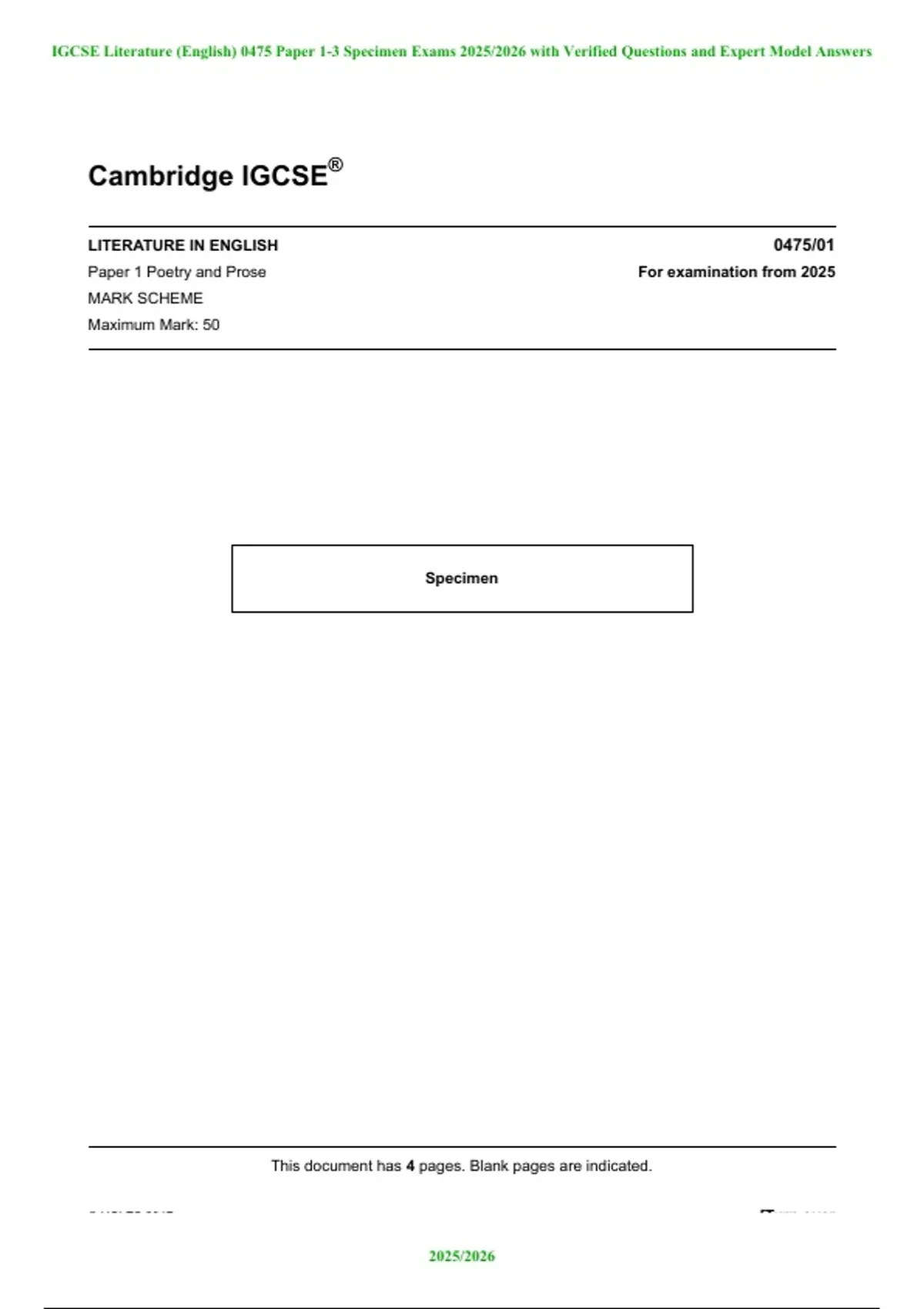 IGCSE Literature (English) 0475 Papers 1-3 Specimen Exams 2025/2026 ...
