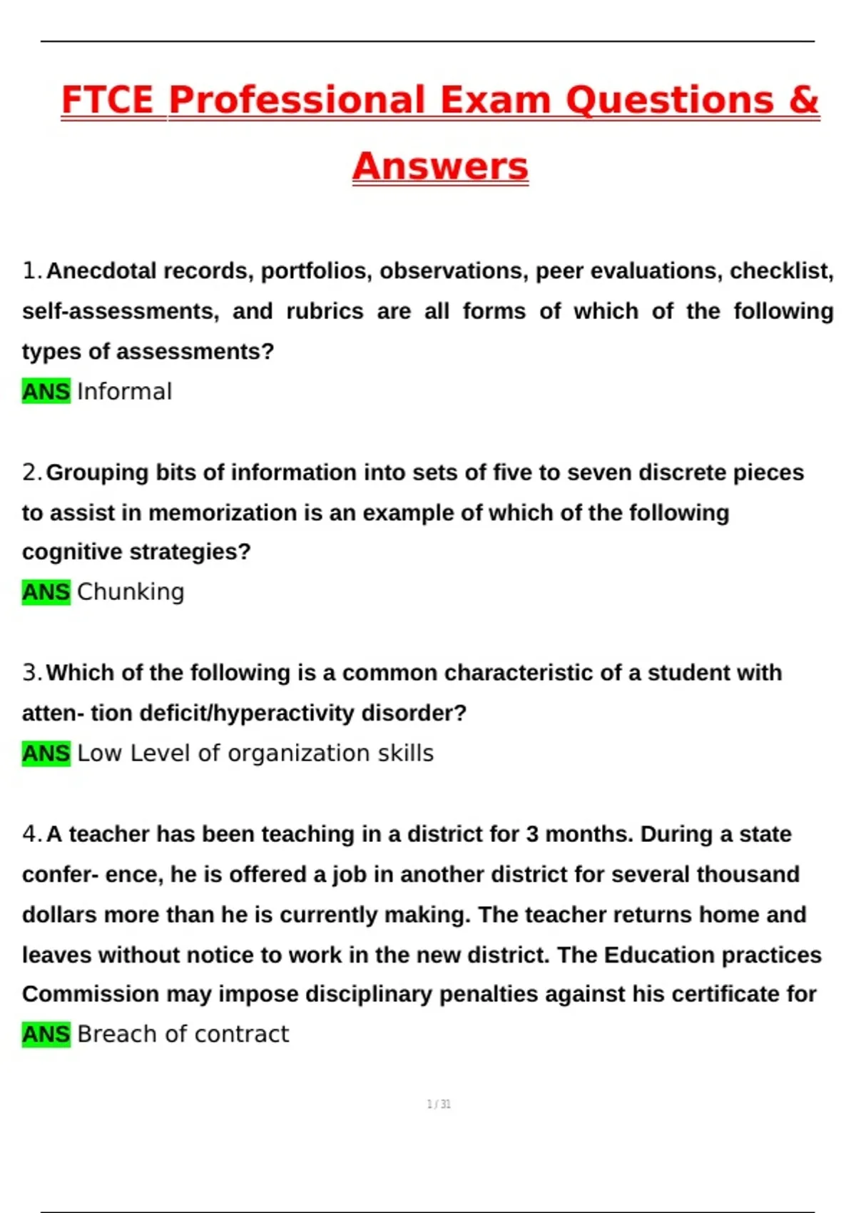 FTCE Professional Exam Actual 2025 Exam with Questions and Answers ...