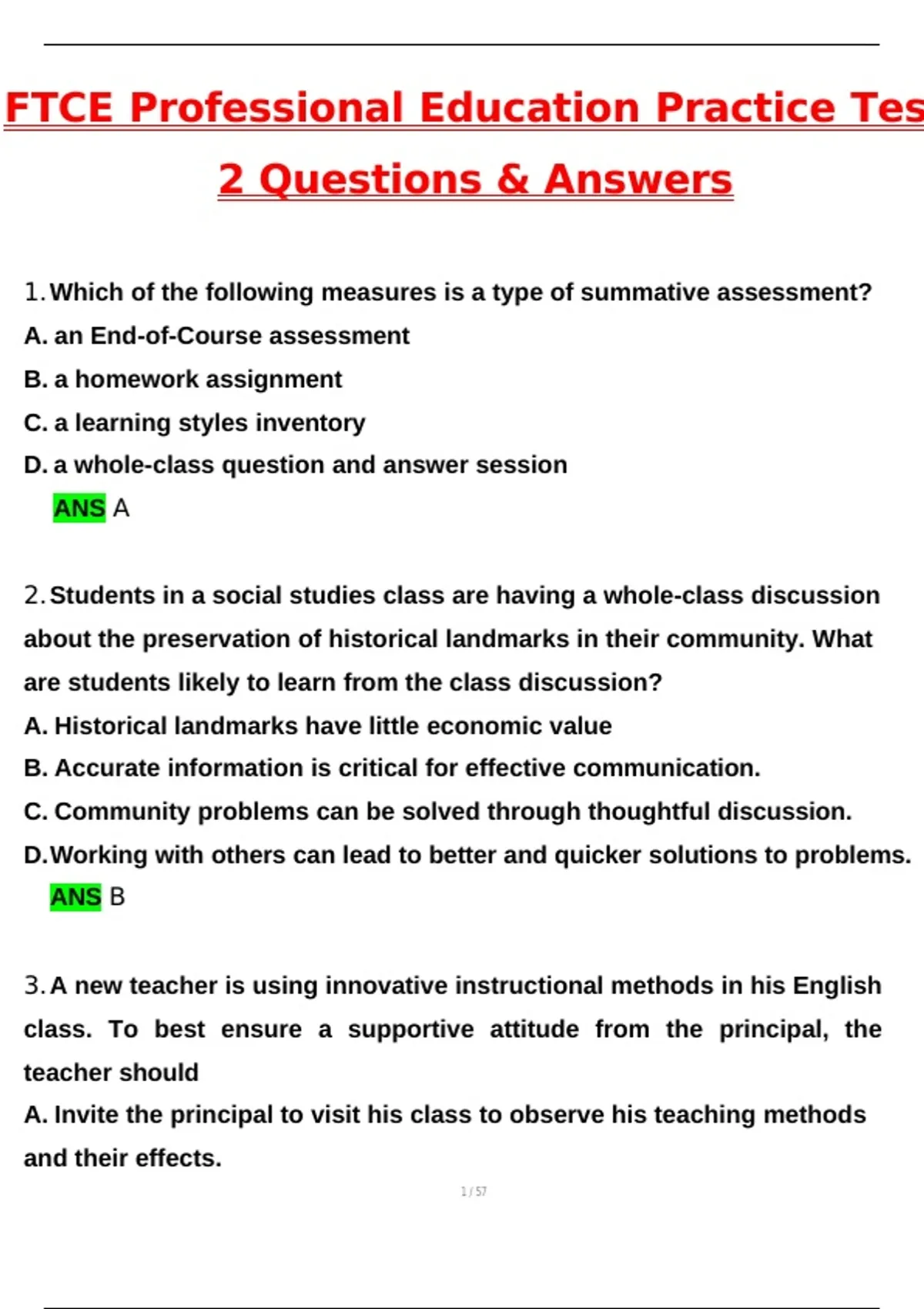 FTCE Professional Education Practice Test 2 Actual 2025 Exam with ...