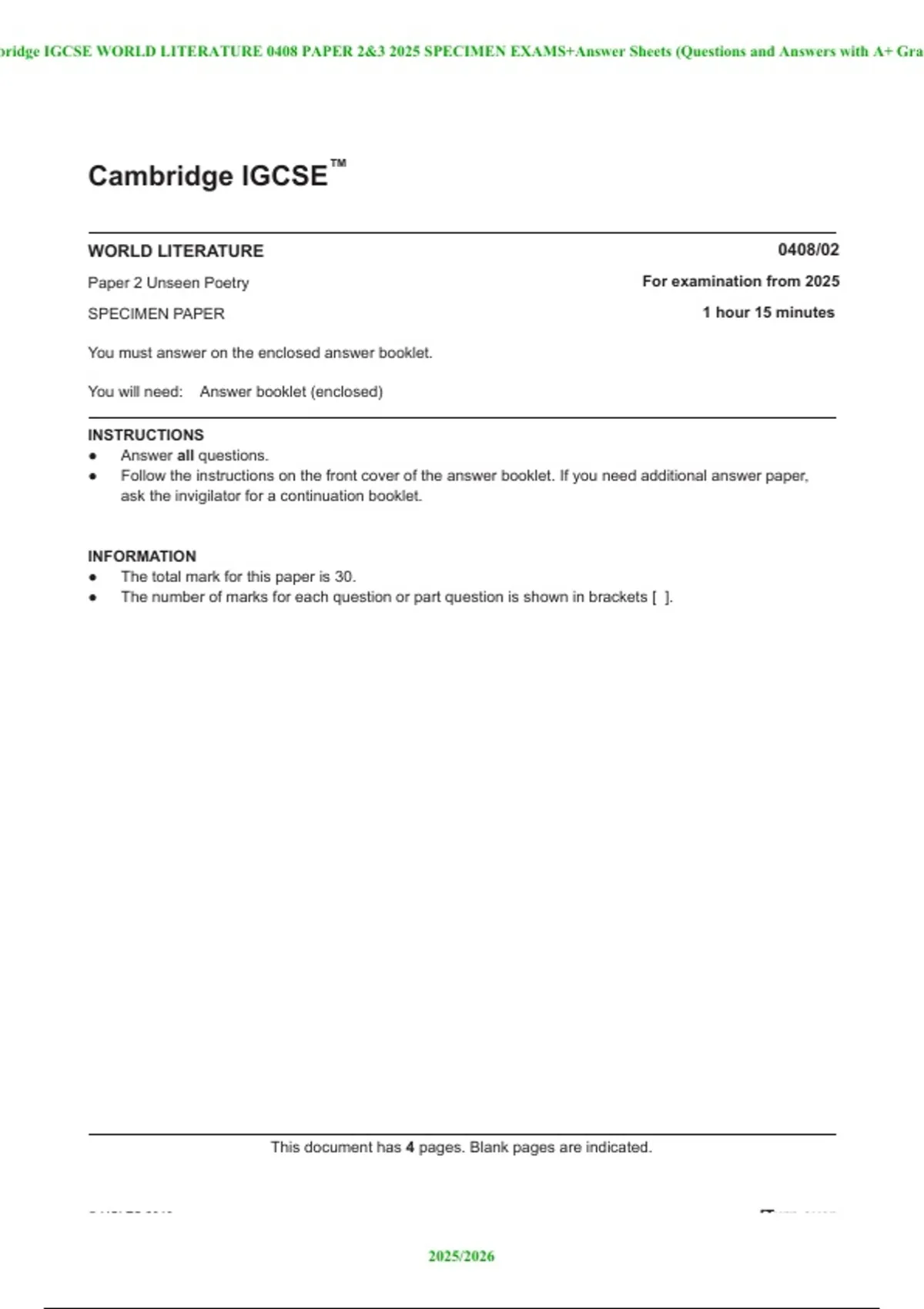 Cambridge IGCSE World Literature 0408 Papers 2 & 3 2025 Specimen Exams ...