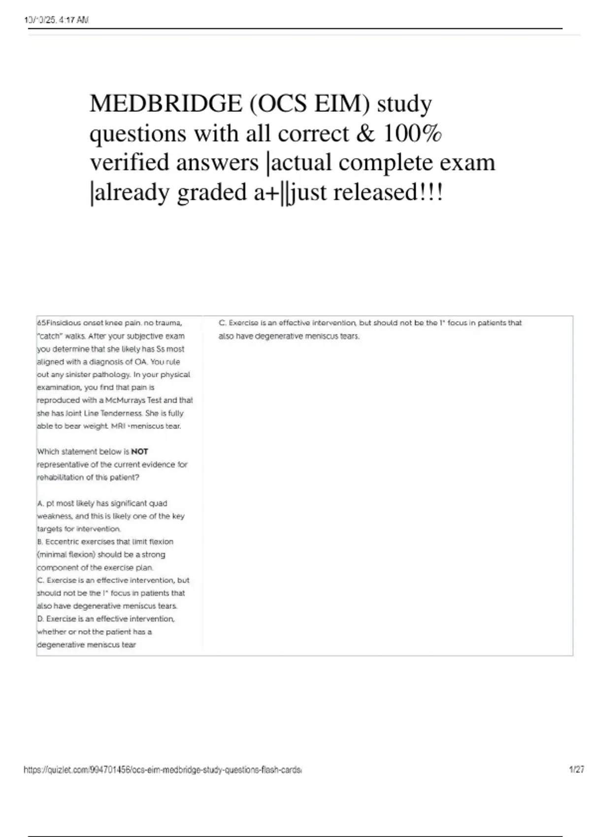 MEDBRIDGE (OCS EIM) study questions with all correct & 100% verified ...