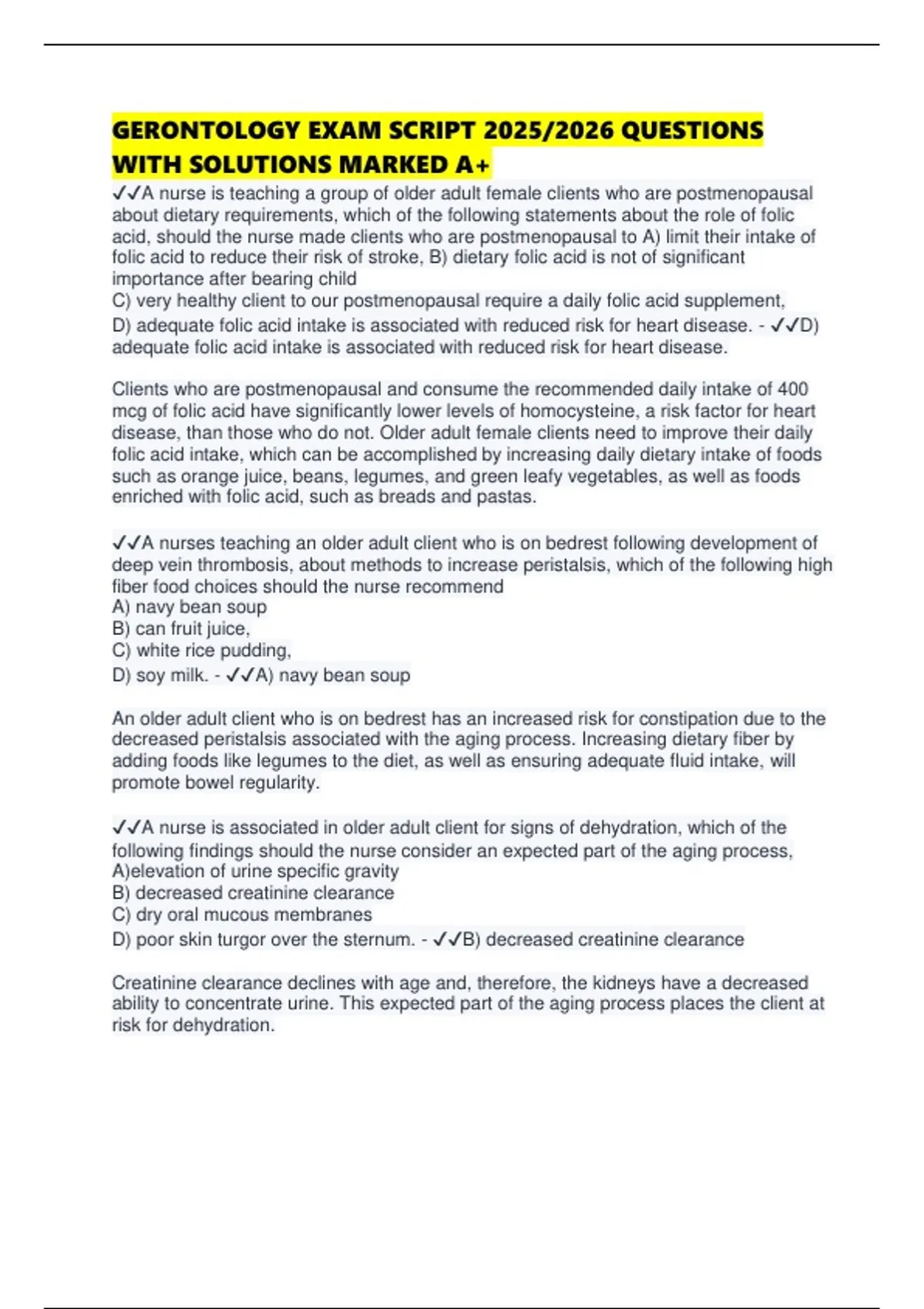 GERONTOLOGY EXAM SCRIPT 2025/2026 QUESTIONS WITH SOLUTIONS MARKED A+ ...