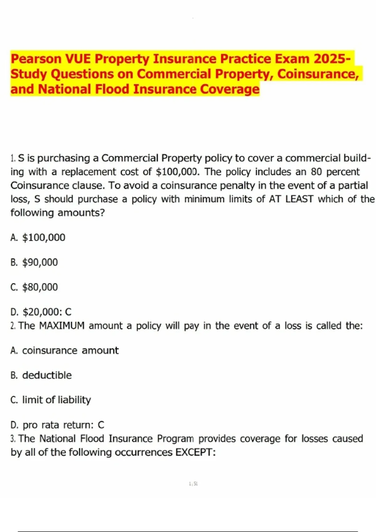 Pearson VUE Property Insurance Practice Exam 2025- Study Questions on ...