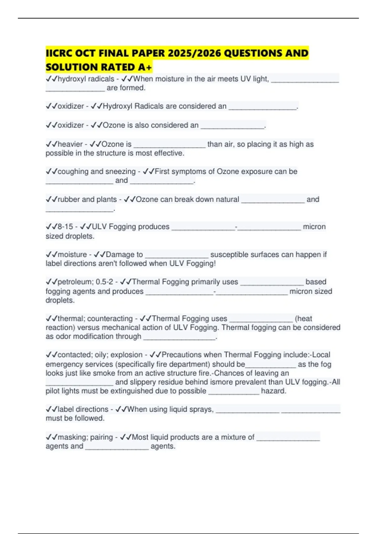 IICRC OCT FINAL PAPER 2025/2026 QUESTIONS AND SOLUTION RATED A+ - IICRC ...