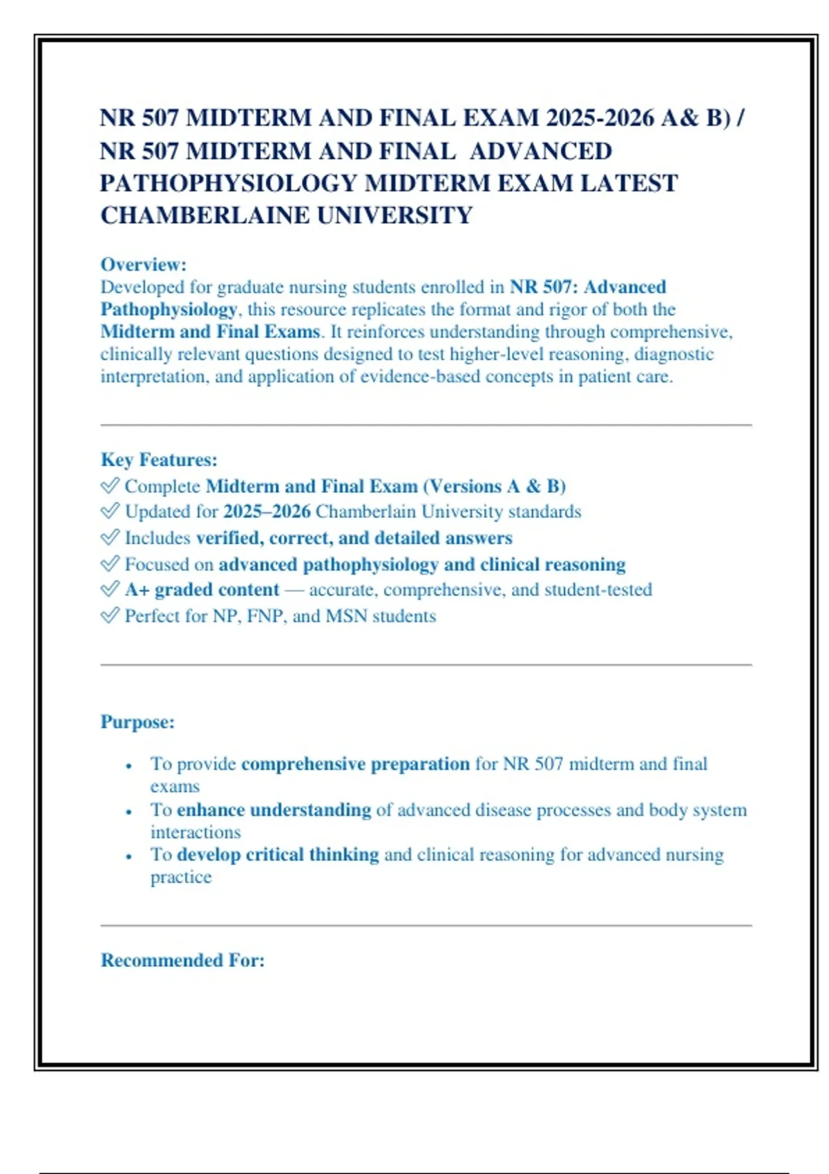 NR 507 MIDTERM AND FINAL EXAM A& B) / NR 507 MIDTERM AND FINAL ADVANCED ...