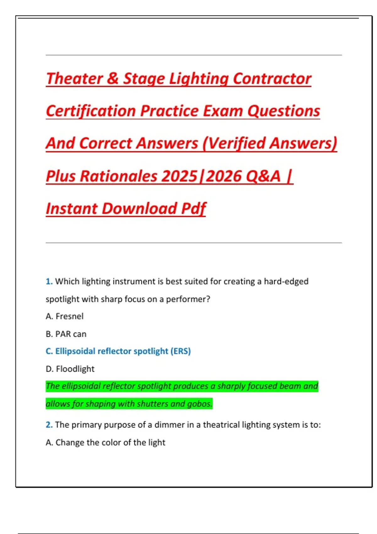 Theater & Stage Lighting Contractor Certification Practice Exam ...