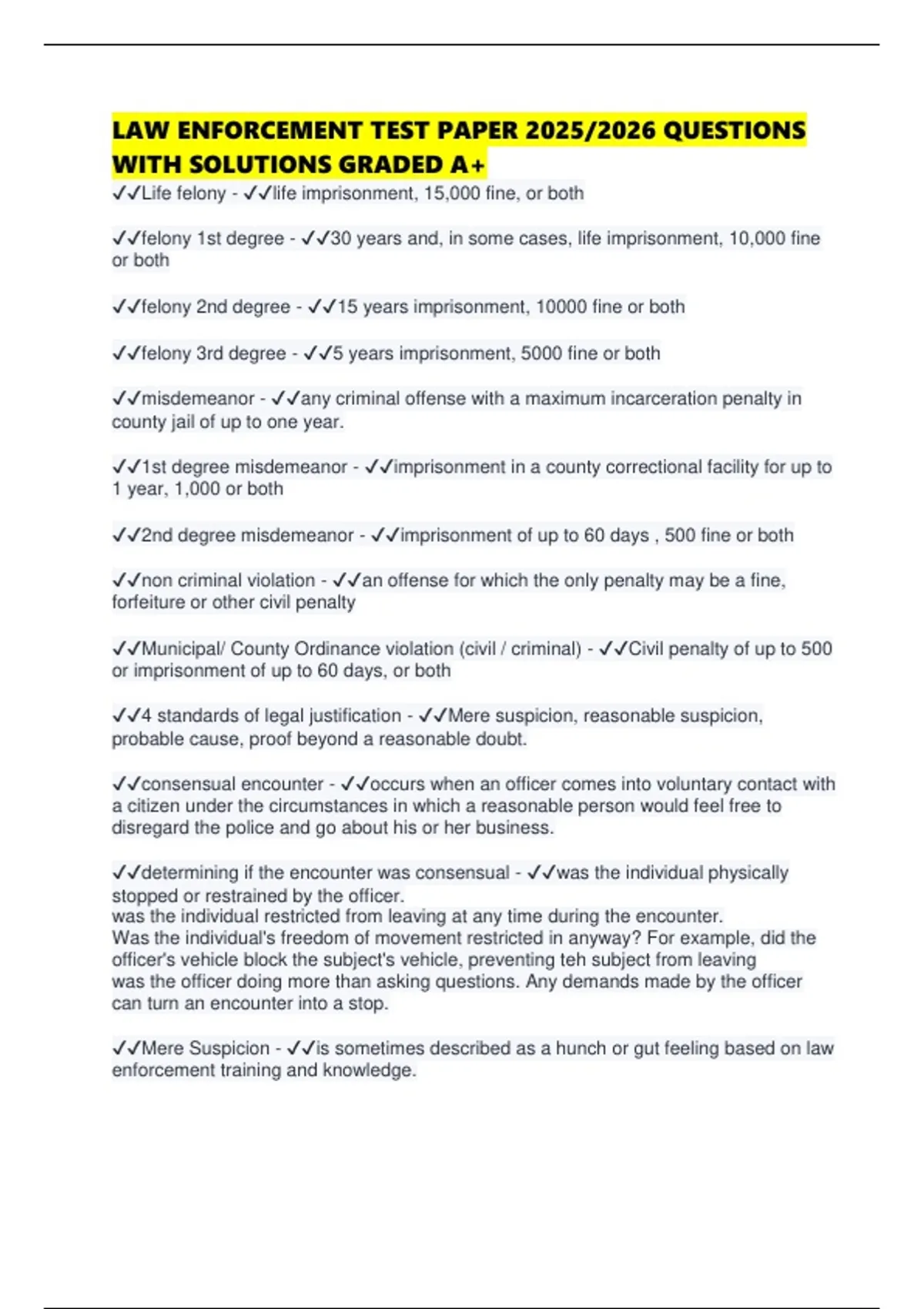 LAW ENFORCEMENT TEST PAPER 2025/2026 QUESTIONS WITH SOLUTIONS GRADED A+ ...