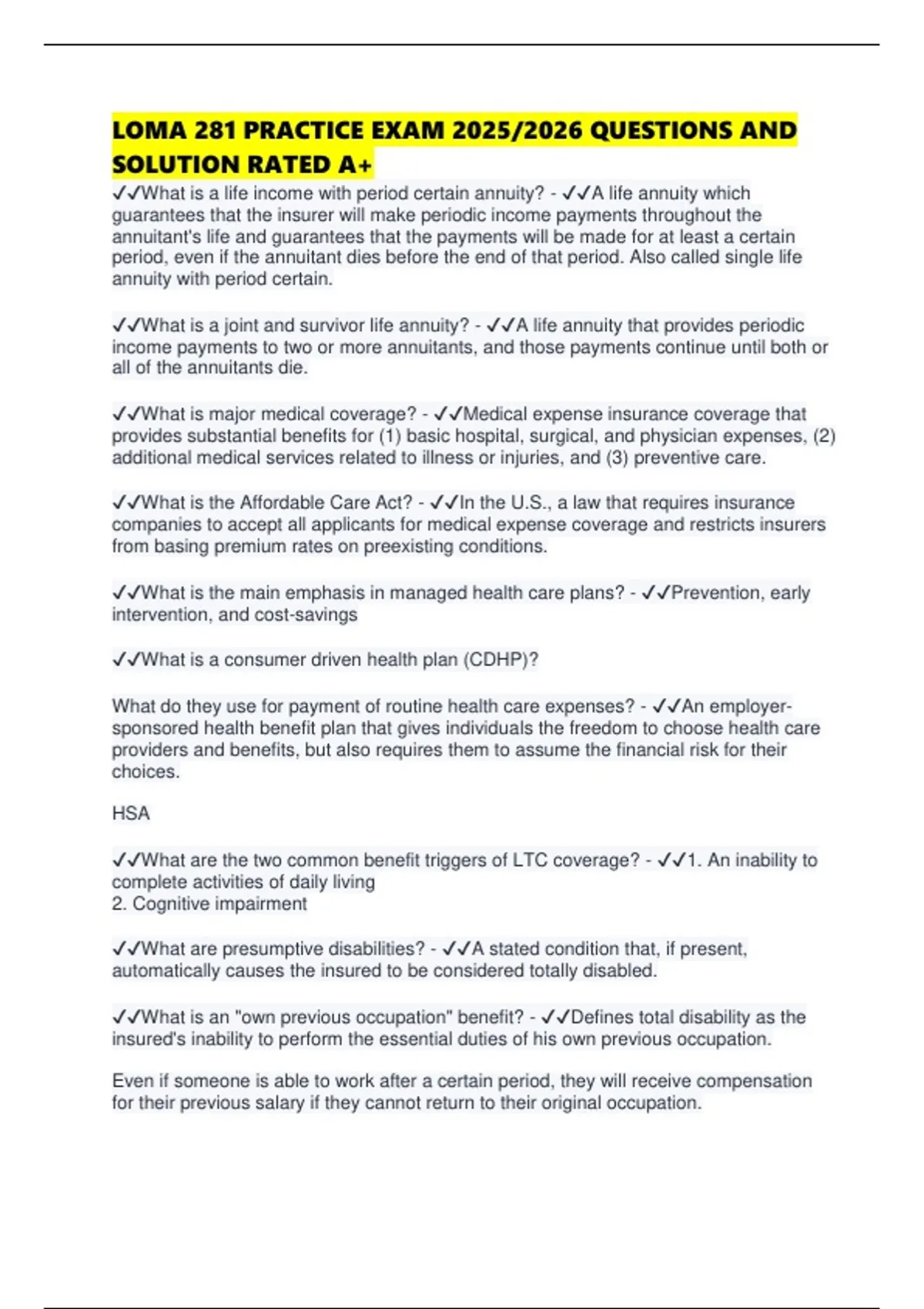 LOMA 281 PRACTICE EXAM 2025/2026 QUESTIONS AND SOLUTION RATED A+ - Loma ...