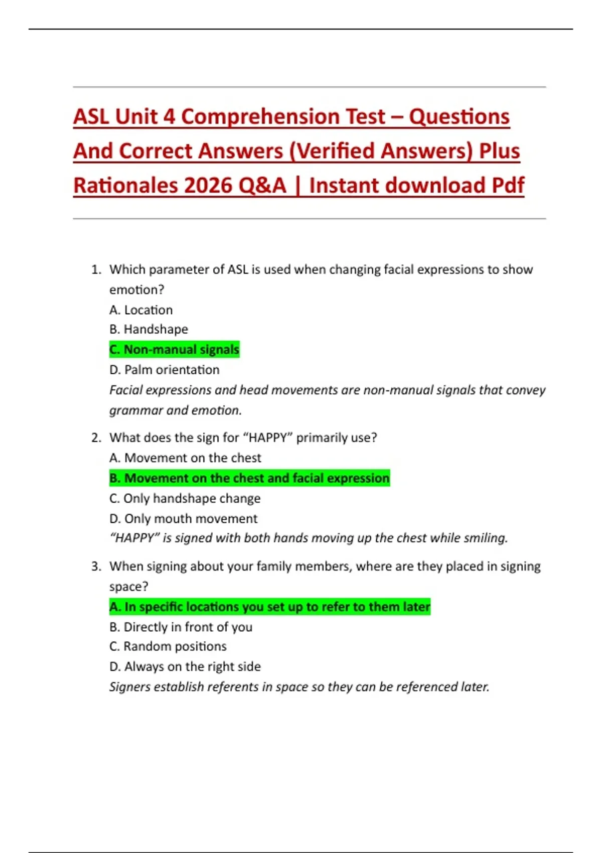 ASL Unit 4 Comprehension Test – Questions And Correct Answers (Verified ...