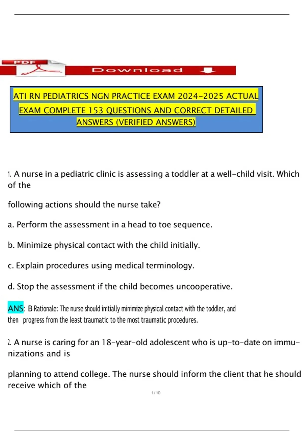 ATI RN PEDIATRICS NGN PRACTICE EXAM ACTUAL EXAM COMPLETE 153 QUESTIONS ...