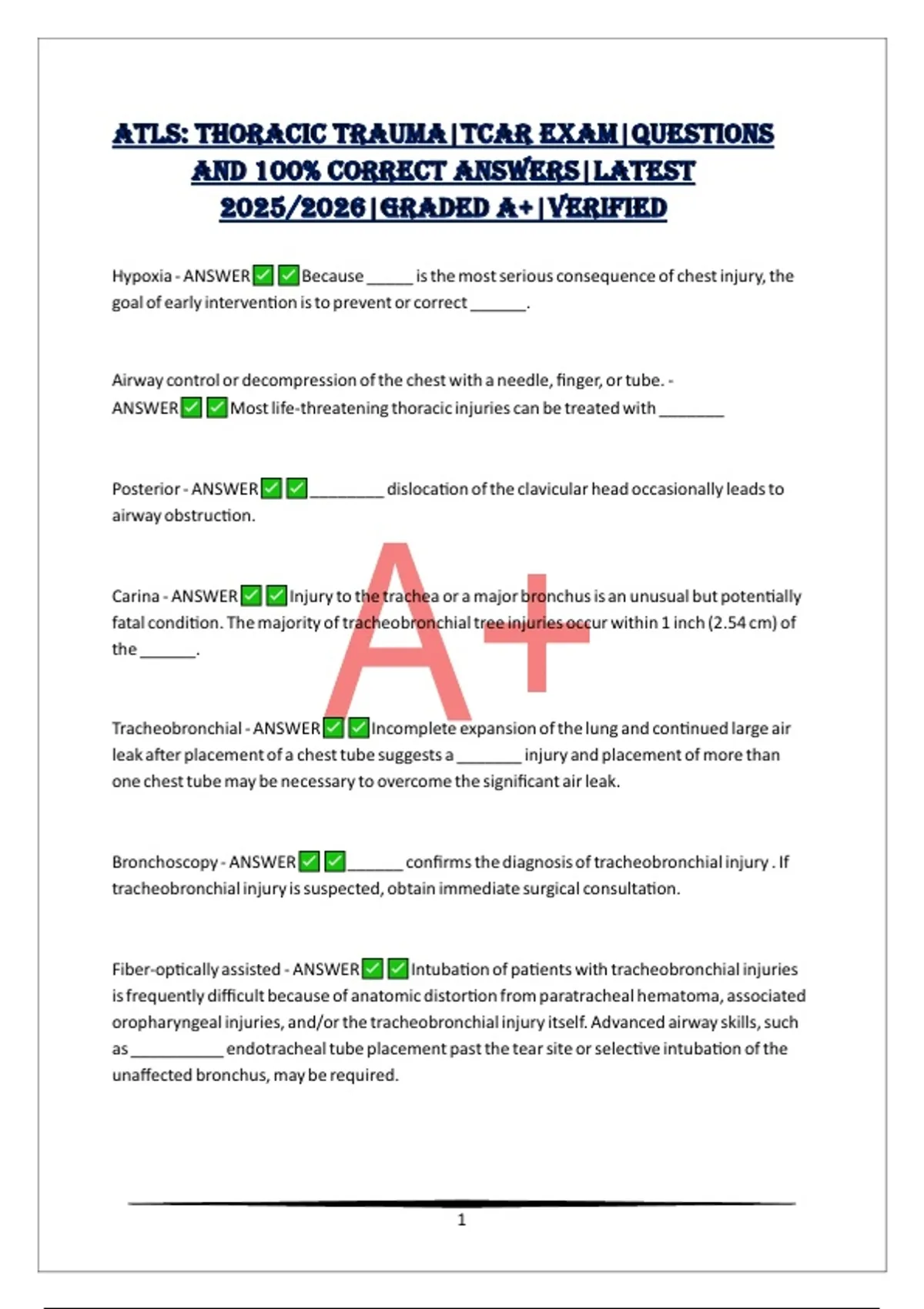 ATLS: THORACIC TRAUMA|TCAR EXAM|QUESTIONS AND 100% CORRECT ANSWERS ...